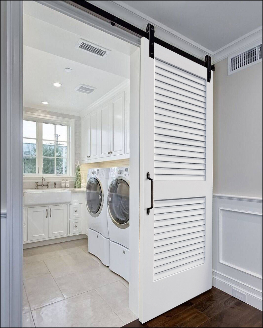 Creative Entryways Louvered Wood Primed Plantation Barn Door with ...