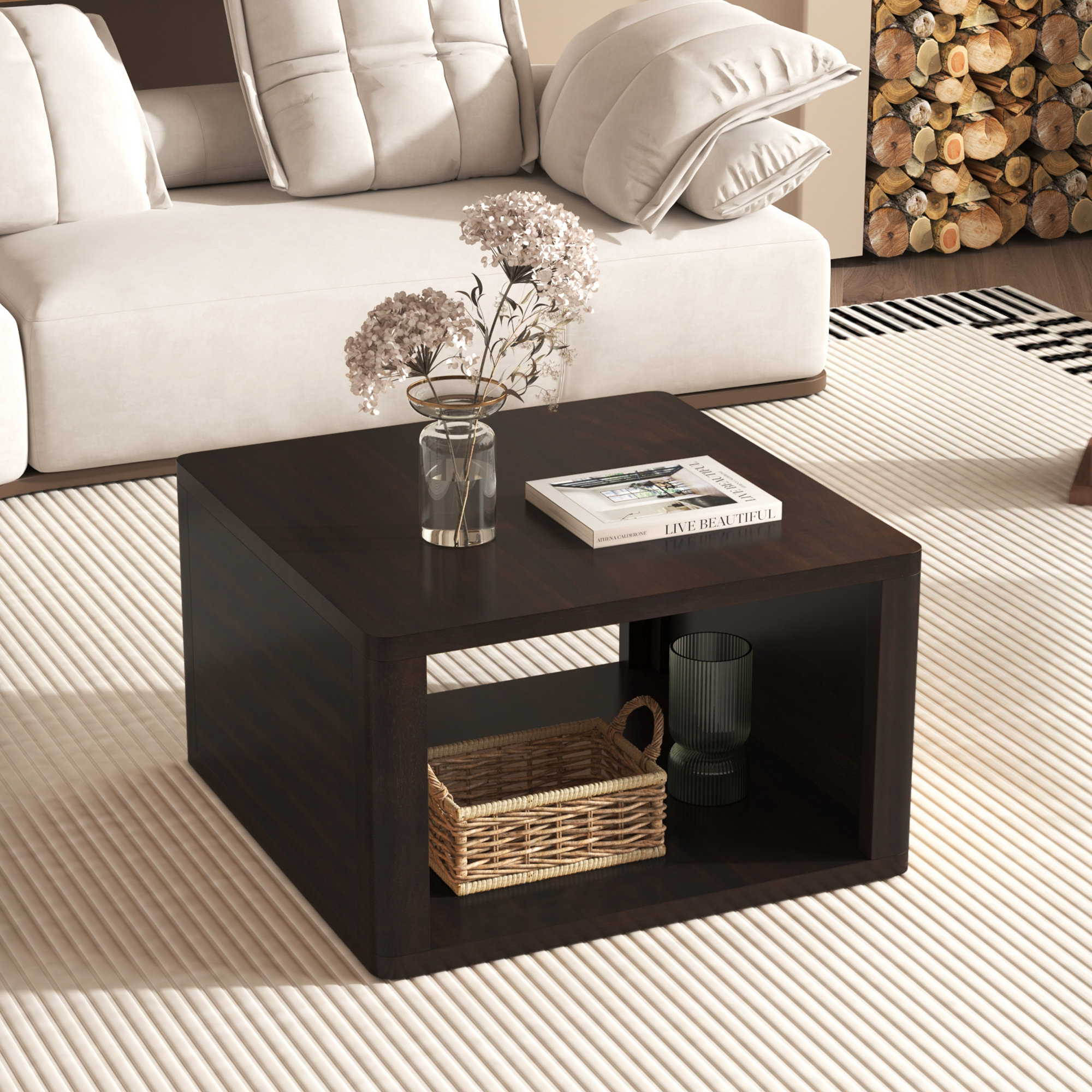 Ophelia & Co. Square Farmhouse Coffee Table with 2-Tier Storage and ...