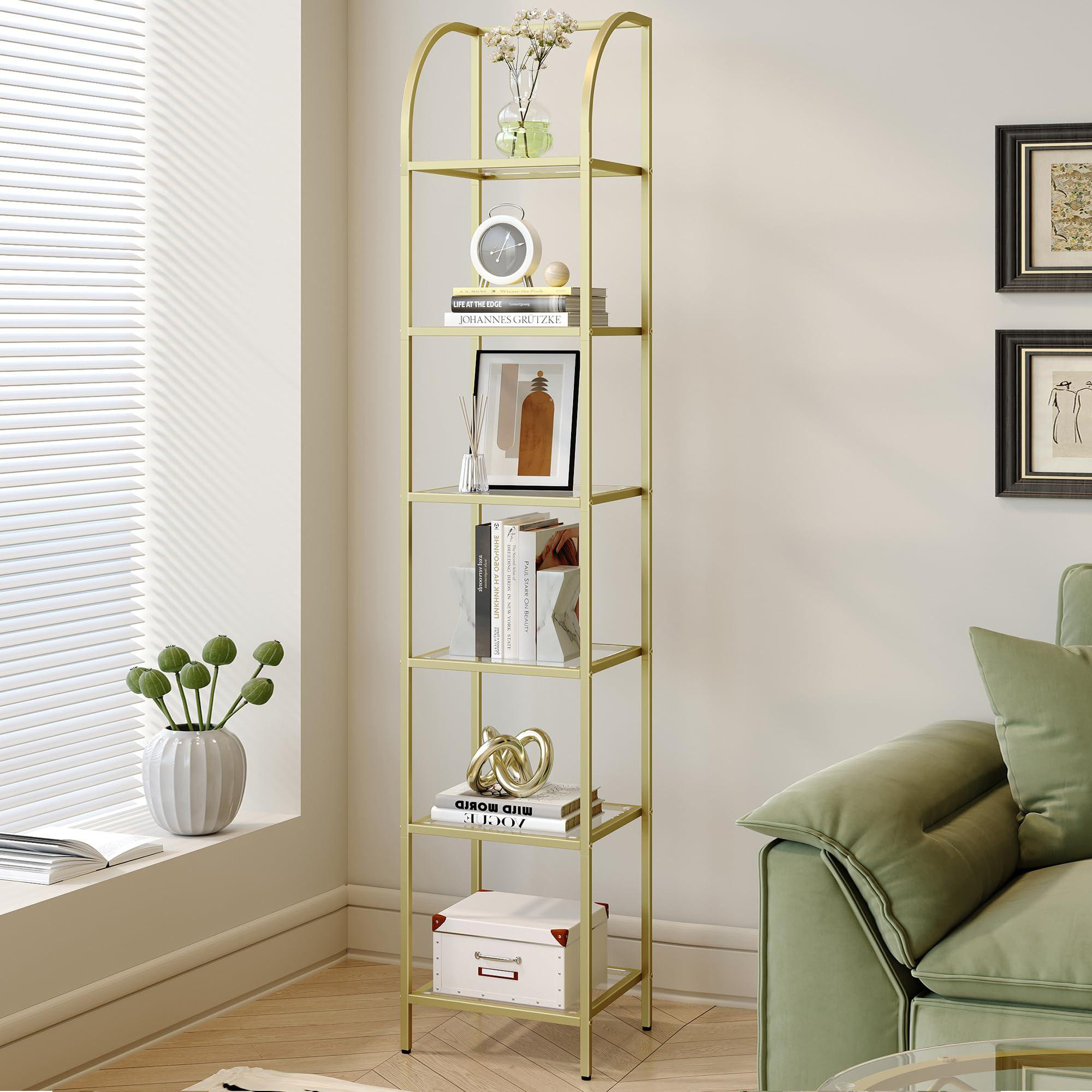 Everly Quinn 6-Tier Bookcase Bookshelf,Gold Finish Arched Glass ...