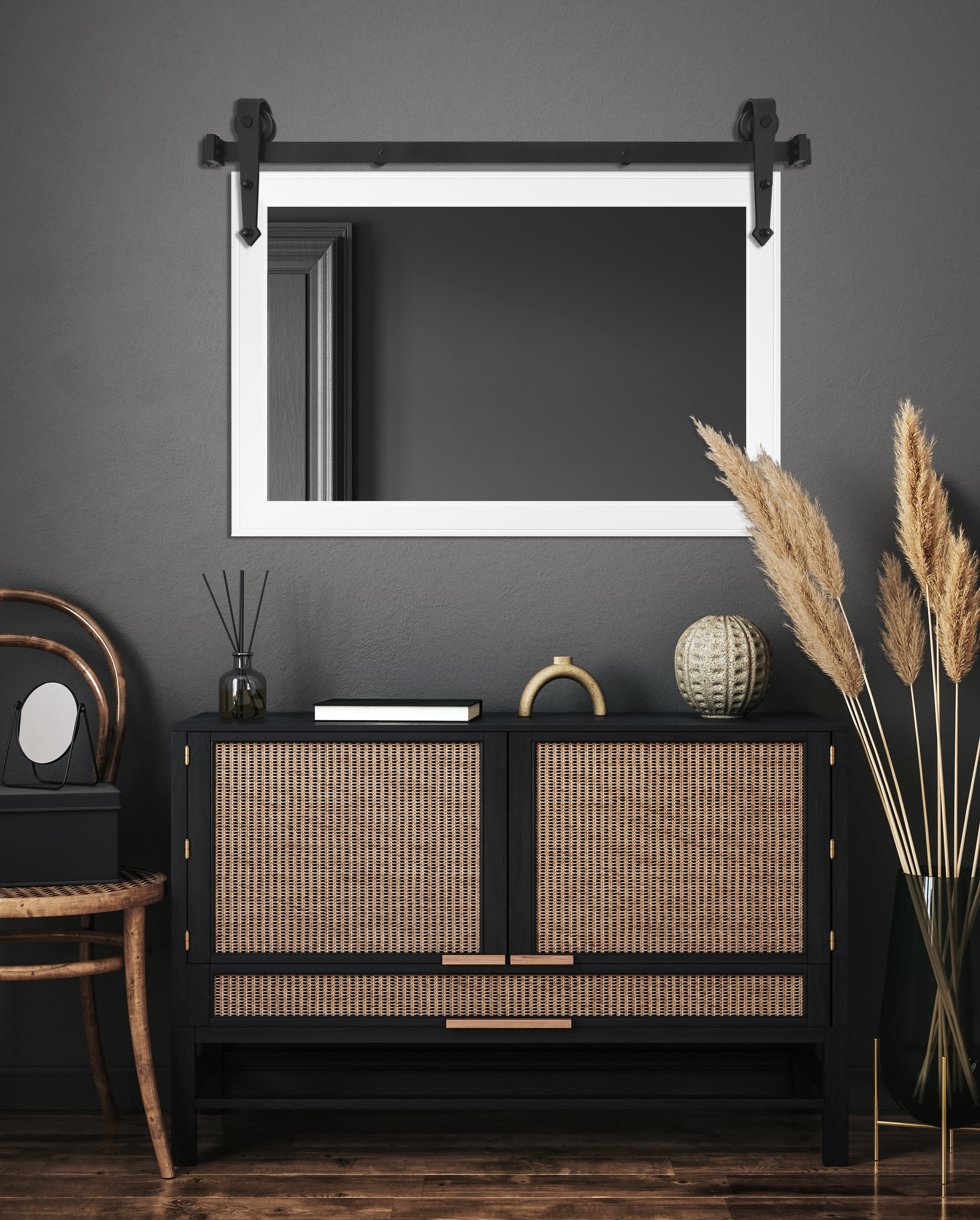 Modern Rustic Mirror with Steel Barn Door Track - Wayfair Canada