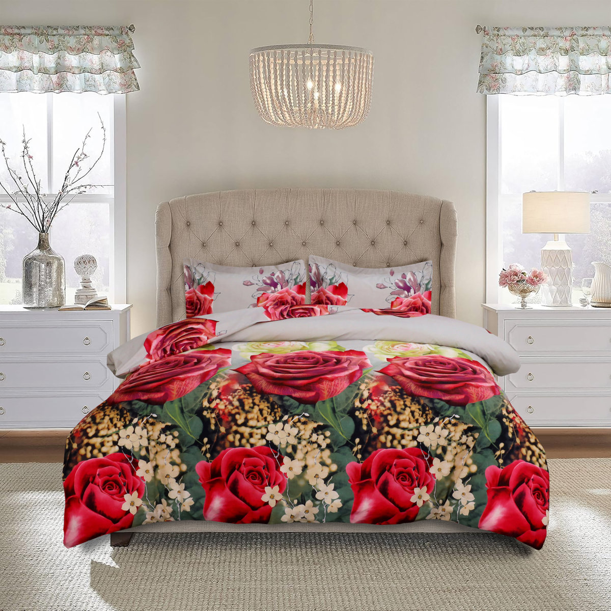 Aspire Homeware Luxury Microfiber 3D-Printed Red Rose Bedding Set With ...