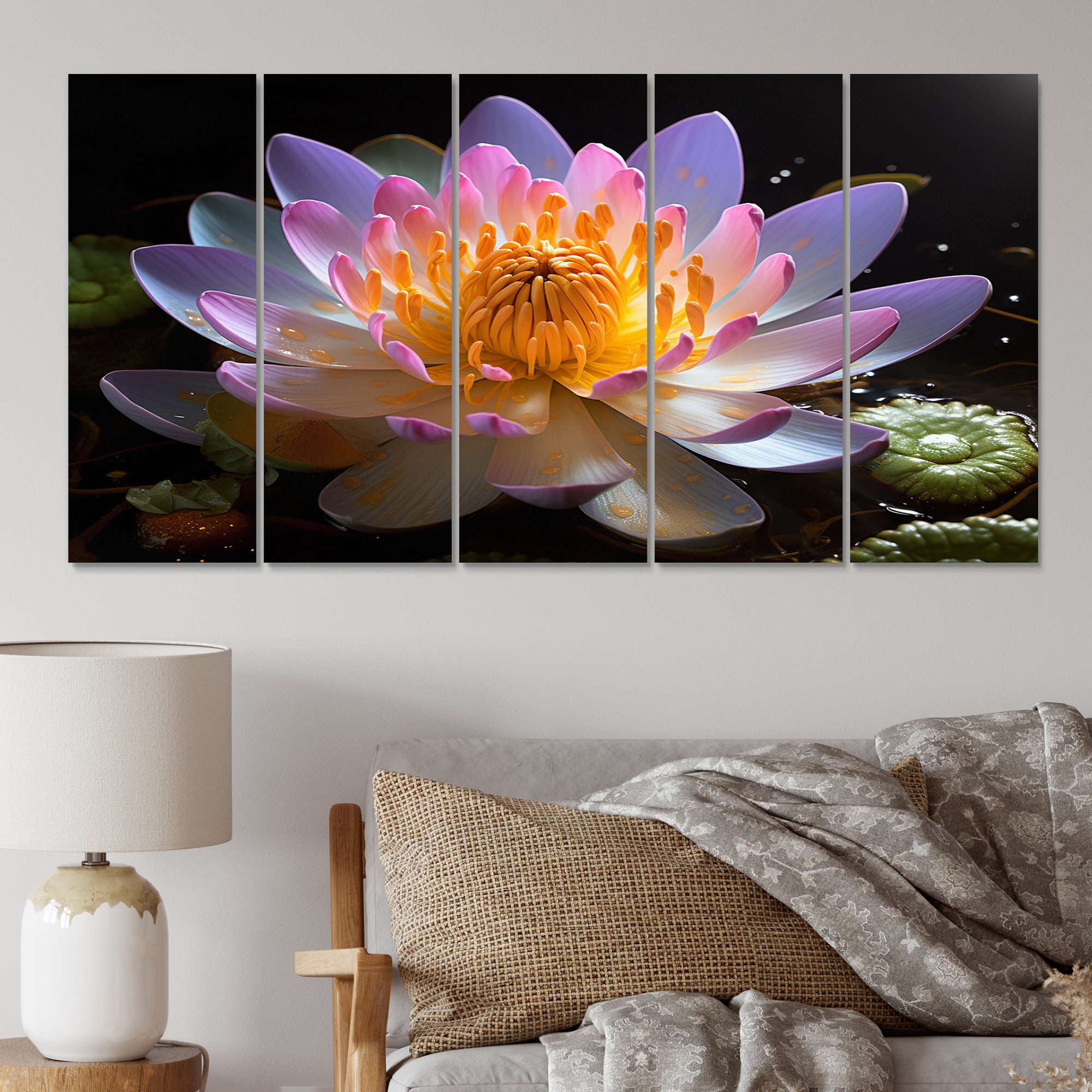 Dakota Fields Vibrant Blossoming Lotus Flower With Core - Lotus Canvas Wall Art - 5 Equal Panels ...