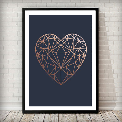 East Urban Home Copper Love Heart Navy Background Geometrical Art Print ...