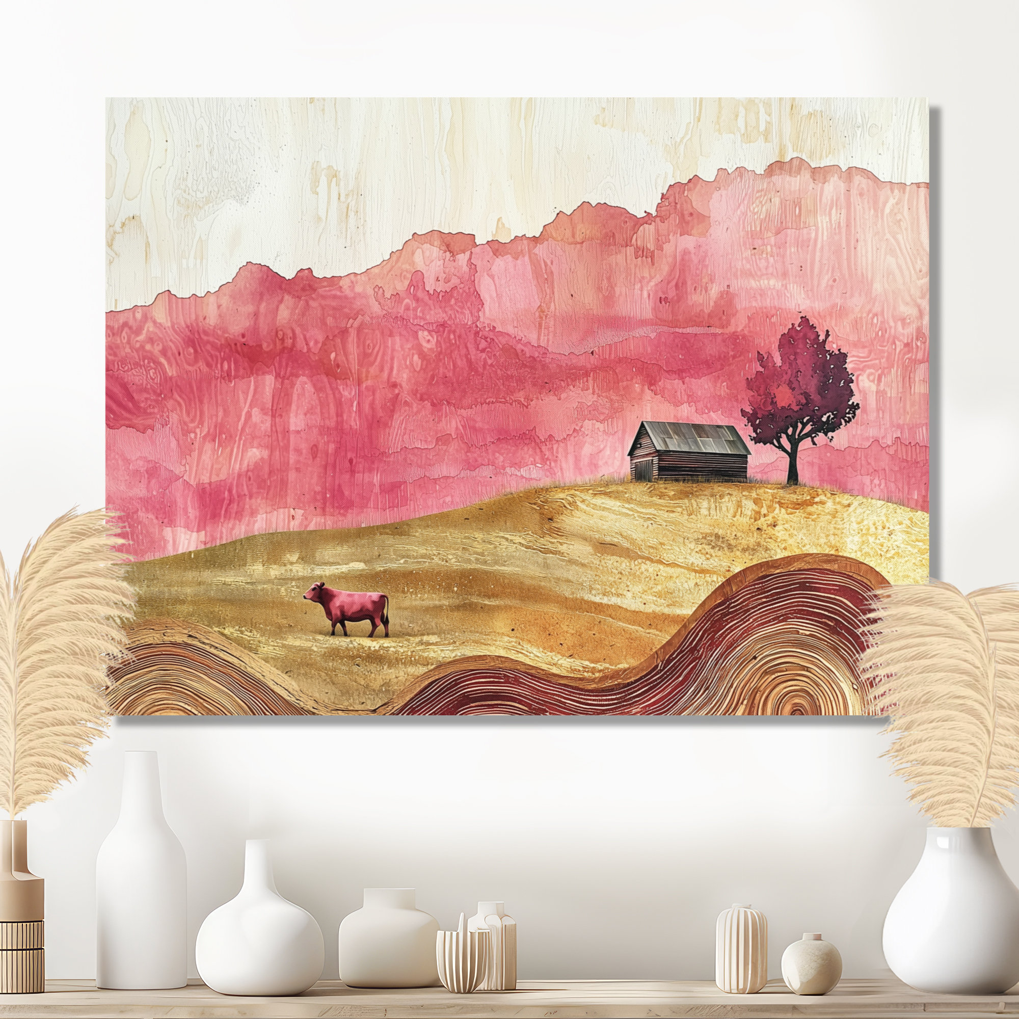 August Grove® Rose Barn With Cow Field Landscape I - Cow Wall Art | Wayfair