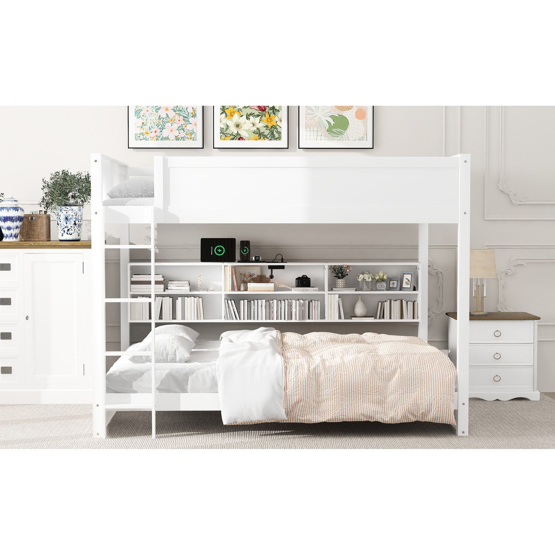 Latitude Run® Queen Over Bunk Bed Featuring Storage And Chargers With ...