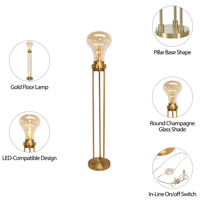 Everly Quinn Glam Modern Gold Glass Light Bulb Floor Lamp - 11" x 11" x ...
