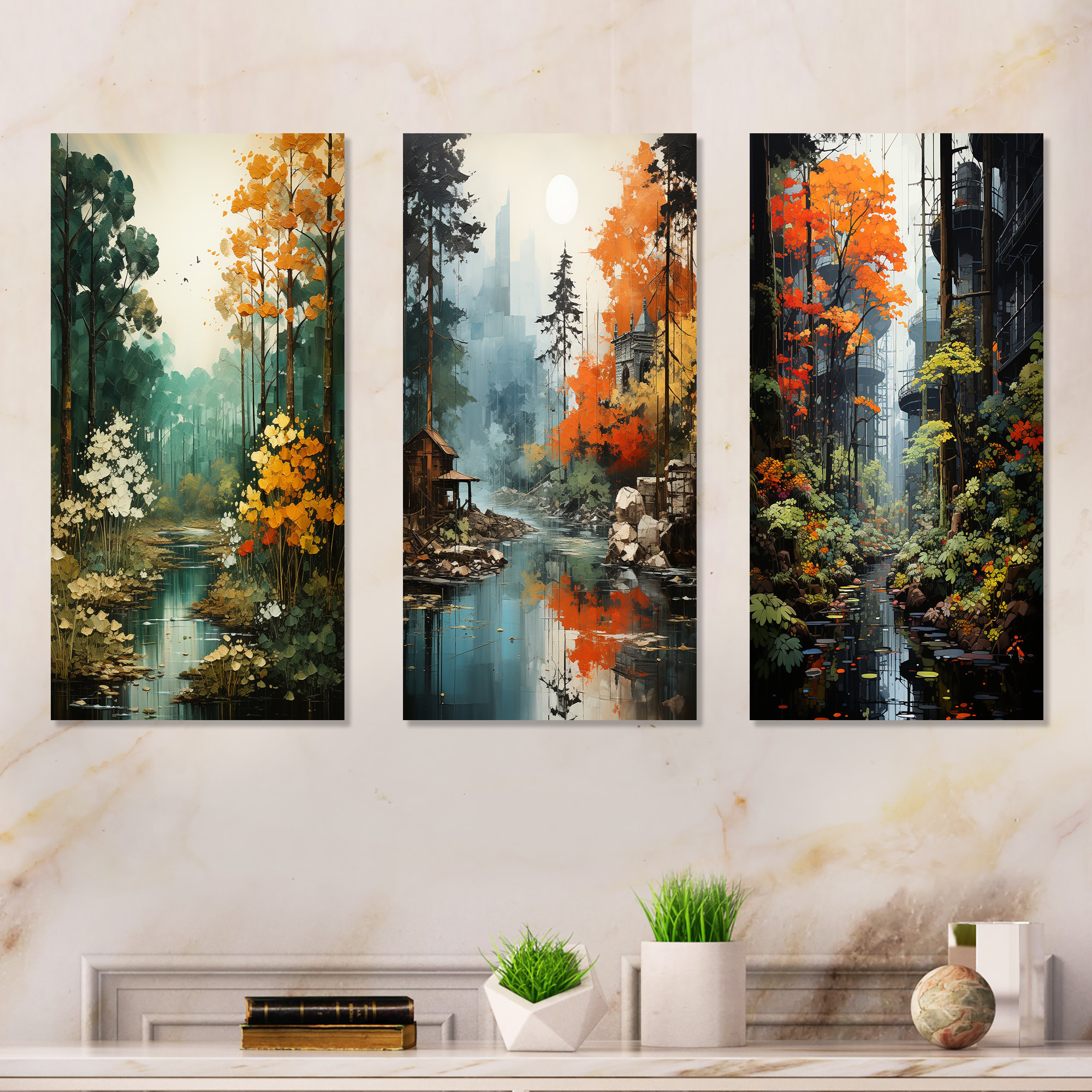 Design Art Autumn Forest Collage - Forest Canvas Prints Set Of 3 | Wayfair