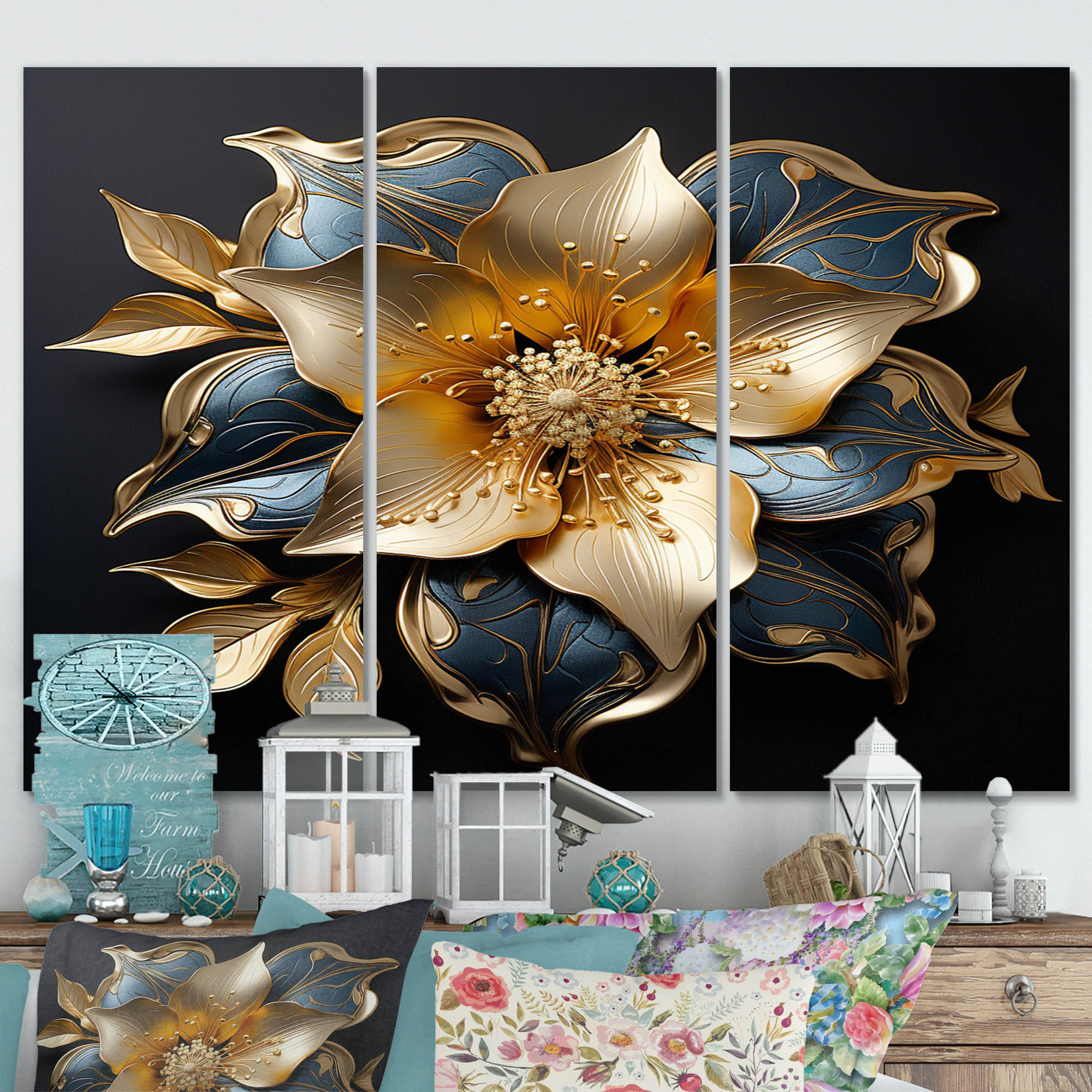 Design Art Golden Lily Flower Glam On Black - Lily Wall Art Prints Set ...