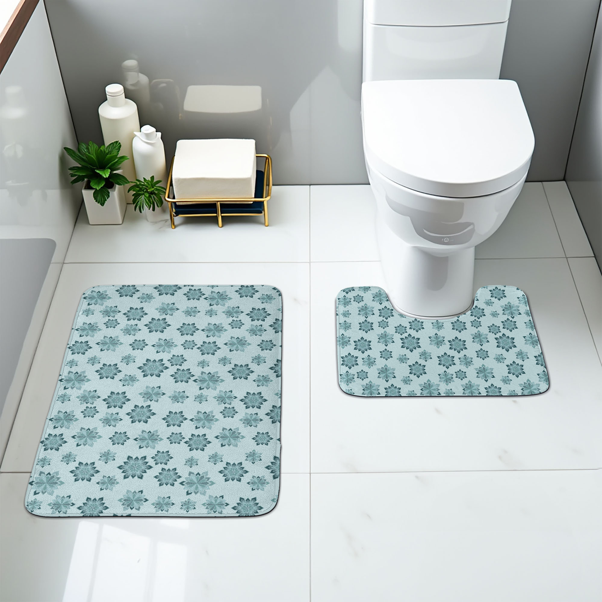 East Urban Home Teal Bathroom Rug Set 2 Pieces Rectangle & Contour Mats ...