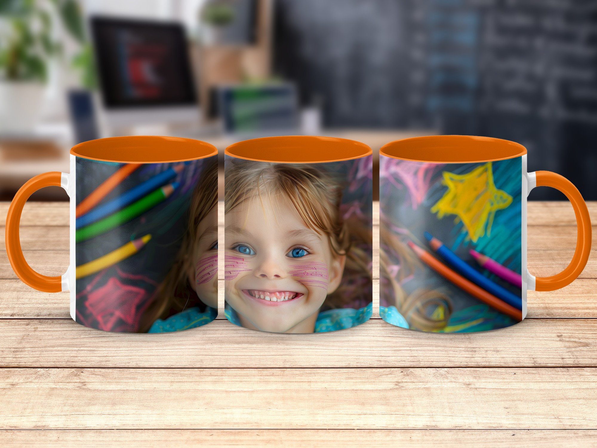 East Urban Home Set of 3 Kids Drawing Style 11oz Accent Mugs – White ...