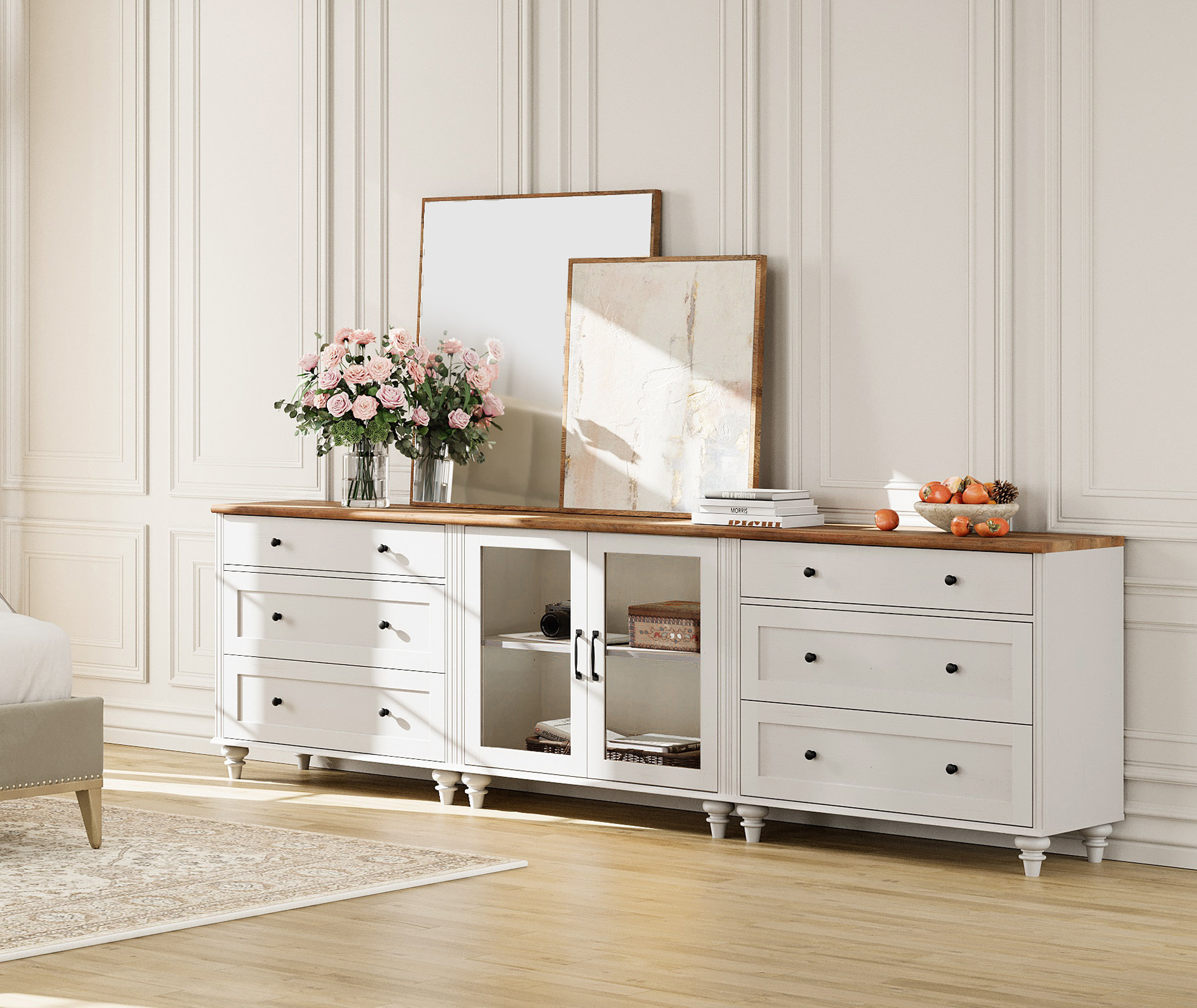 Alcott Hill Dresser For Bedroom With 6 Drawer &2 Glass Door, Mid ...