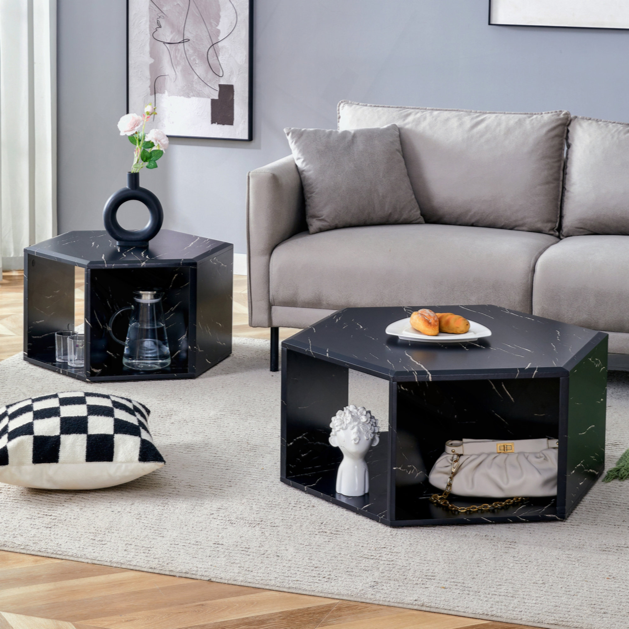 Wrought Studio Minimalist White Patterns Hexagonal Coffee Table Set ...