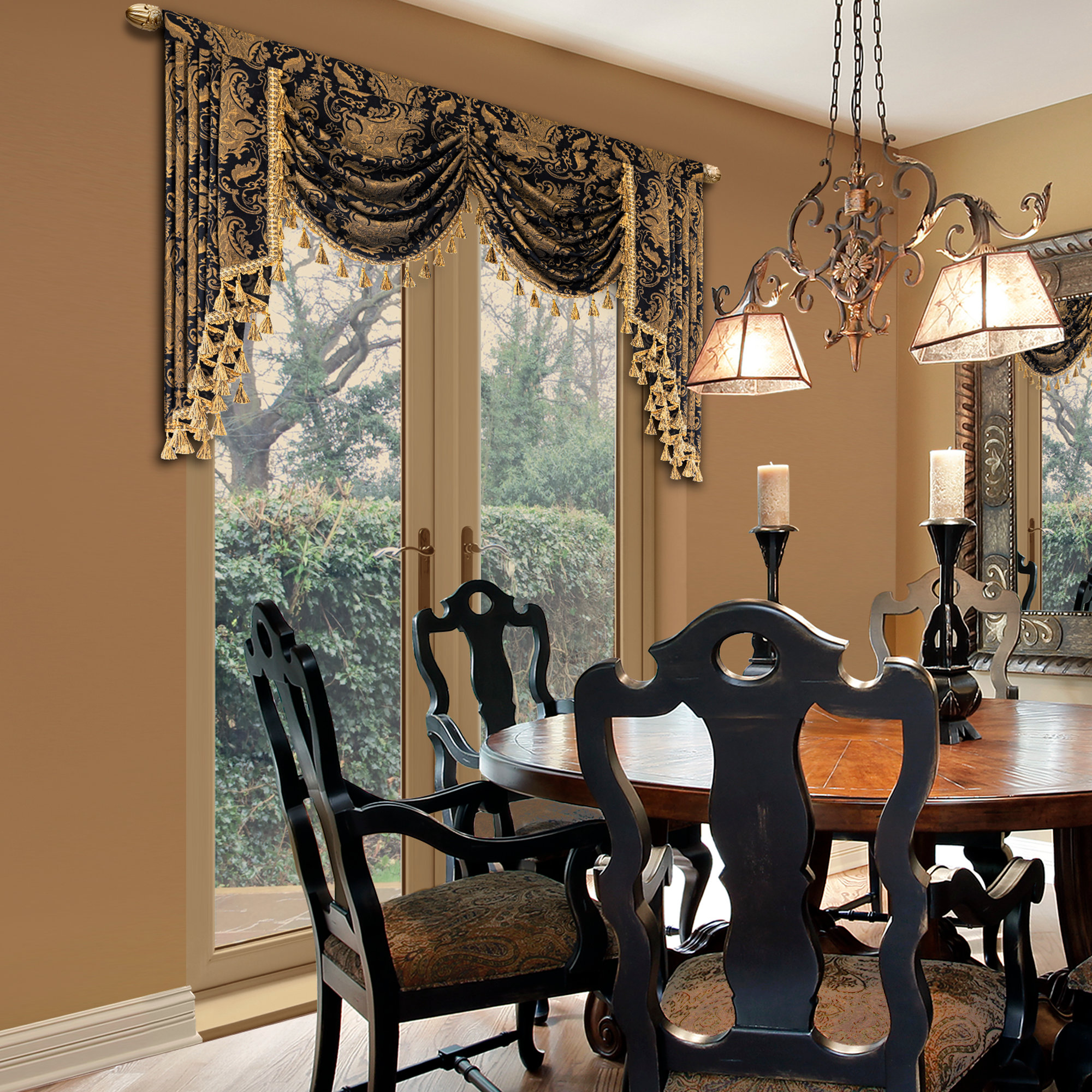 TOPLUXE Classic Swag Valance with Tassels, Black Damask Waterfall ...