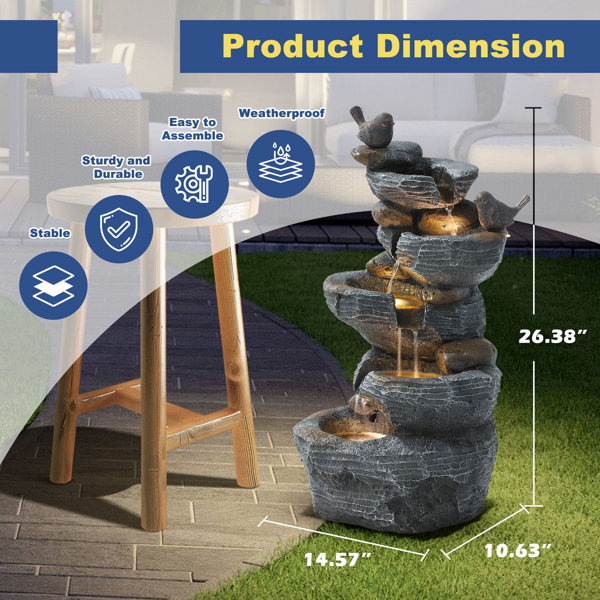 Millwood Pines 5-Tiers Cascading Rock Outdoor Water Fountain, Garden ...