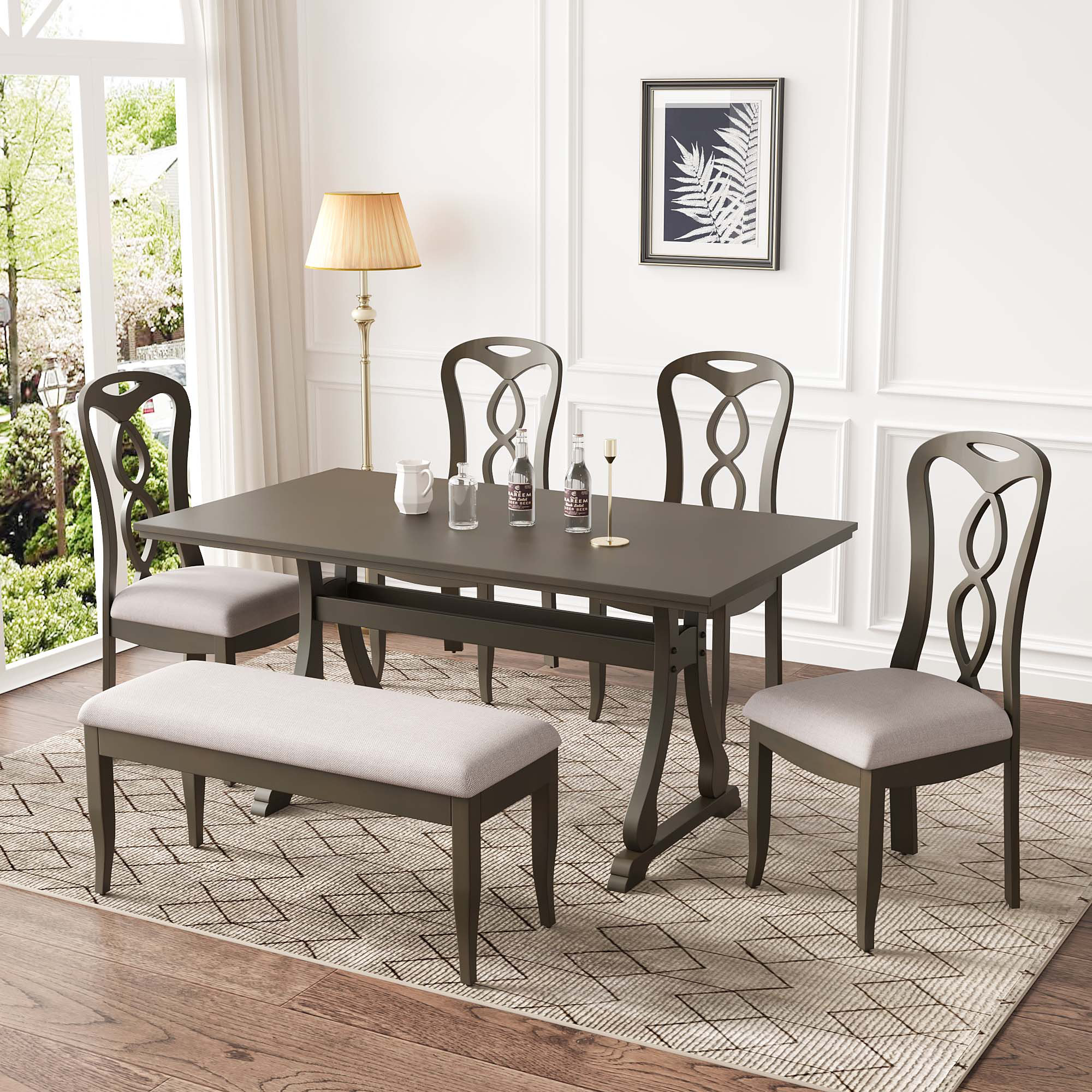 Ophelia & Co. Retro 6-Piece Trestle Dining Table Set With Upholstered Dining Chairs And Dining ...