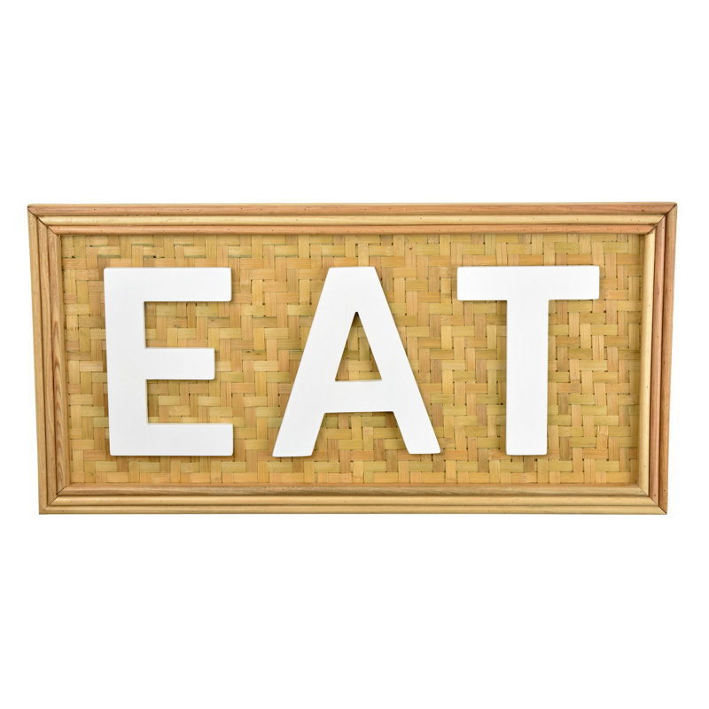 Benjara Eat Wall Decor Sign, 24 Inch Brown Wood Background, White Woven ...