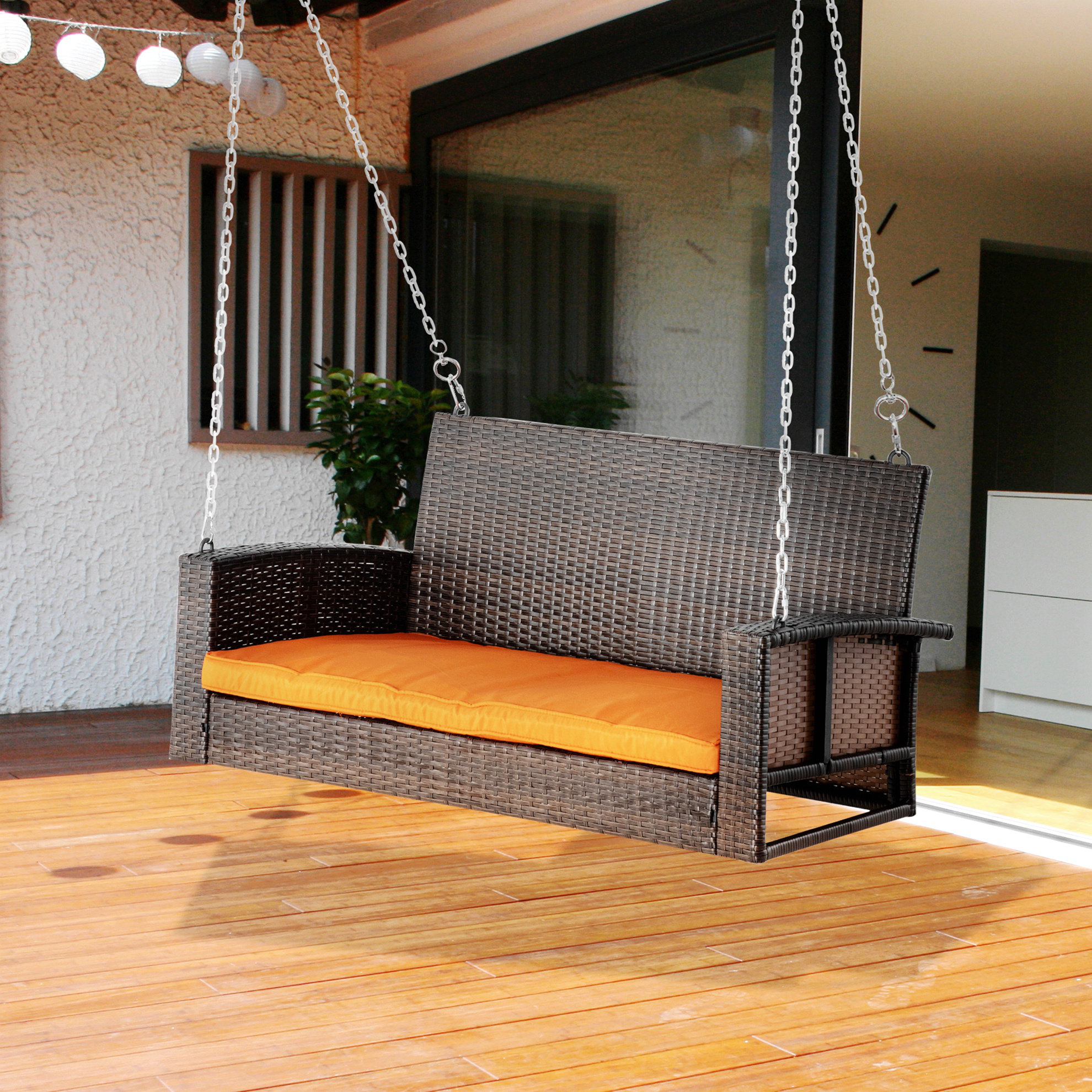 Winston Porter Outsunny 2 Person Wicker Hanging Swing Bench, Front Porch Swing Outdoor Chair ...