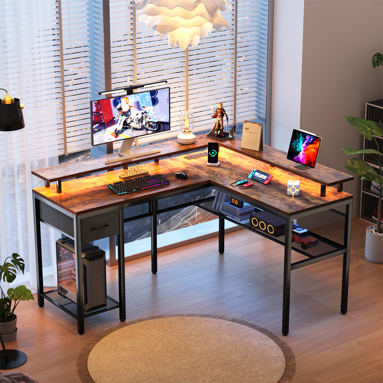Ivy Bronx Hallsburg 55“ L Shaped Desk Gaming Desk with LED Lights ...