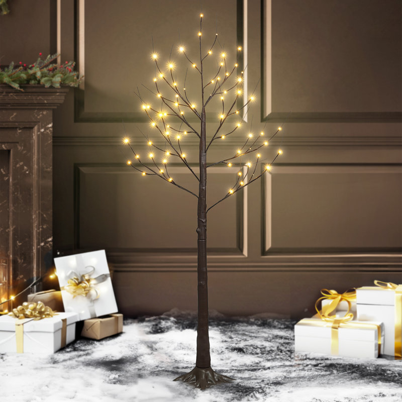 The Holiday Aisle® Artificial Brown Twinkling Birch Tree w/ Warm White ...