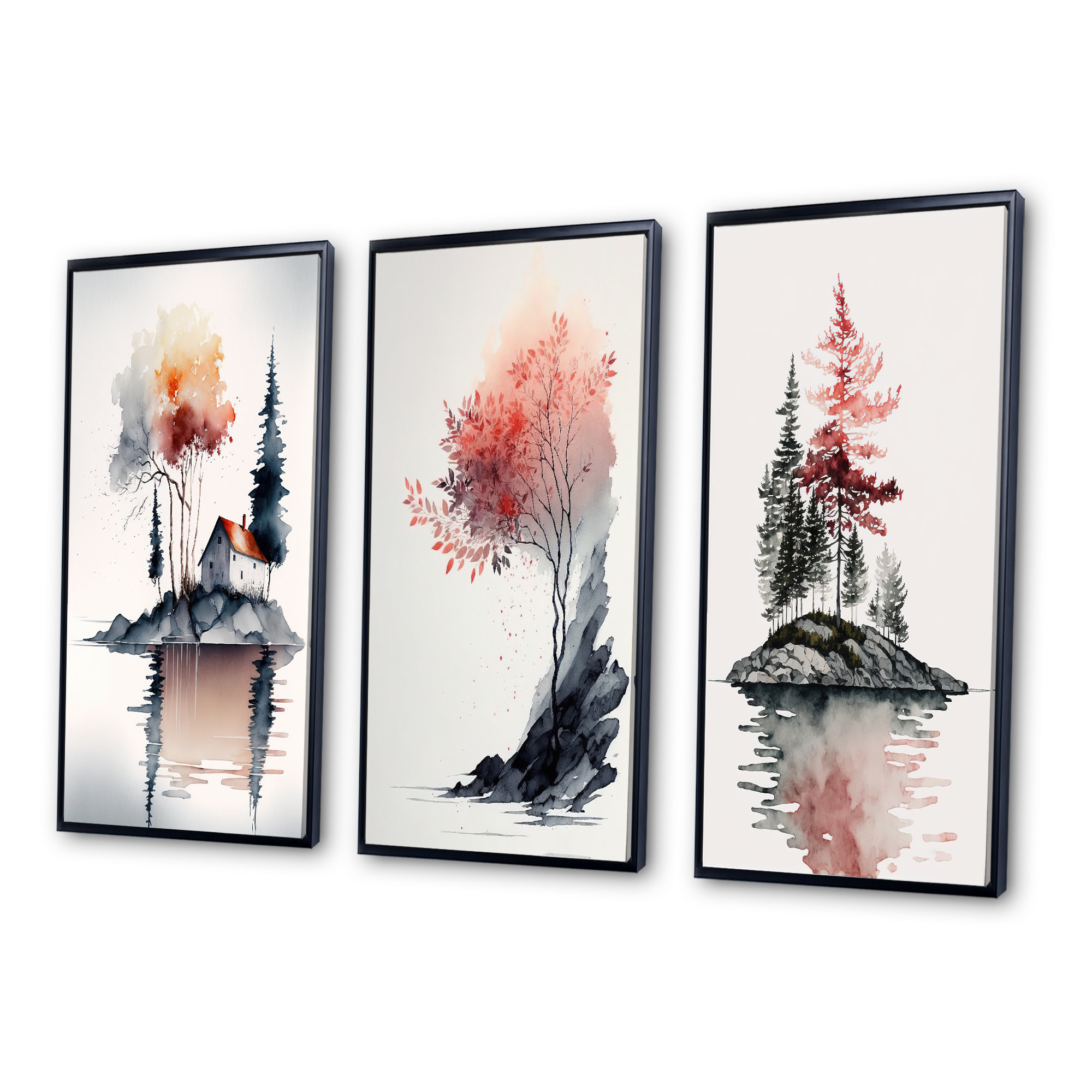 Winston Porter " Red Watercolor Tree By A Little Countryhouse " 3 ...