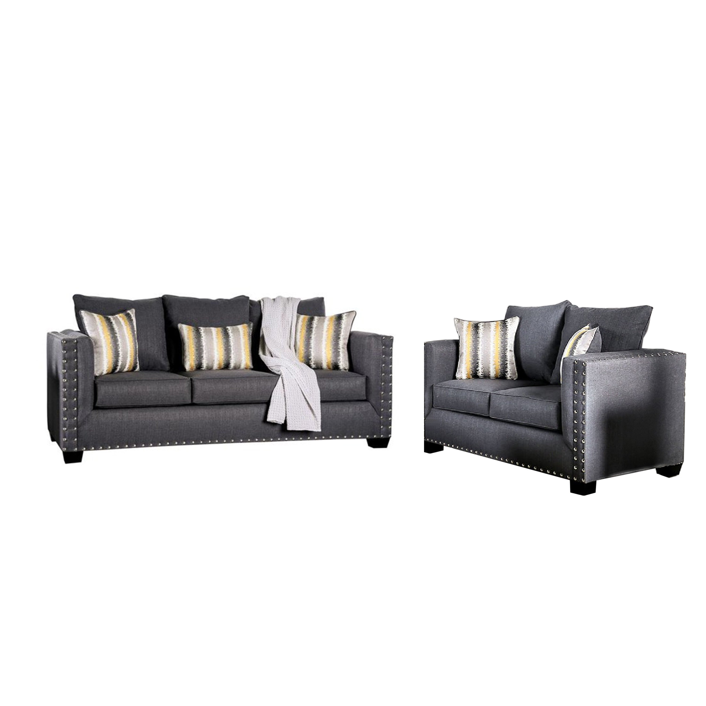 Benjara Vidal Sofa And Loveseat Set, Slate Gray Fabric, 5 Accent ...