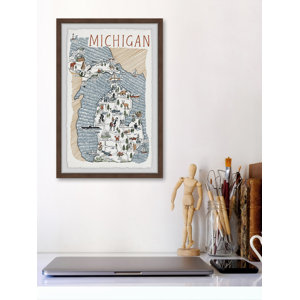 Trinx 'Michigan Illustrated Map' Picture Frame Print on Paper | Wayfair