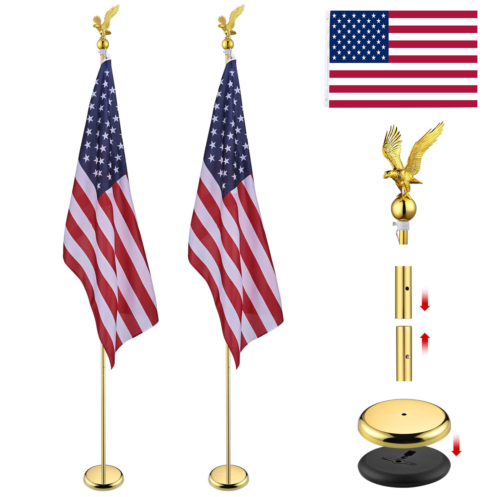 House of Hampton 8Ft Indoor Flag Pole Kit Eagle Topper Aluminum Gold ...