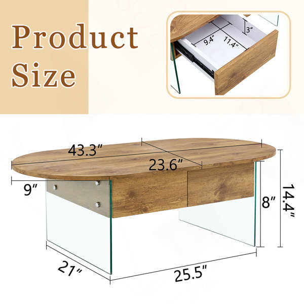Ivy Bronx Cozy Natural Oval Double Drawer Coffee Table - 43.3"x23.6 ...