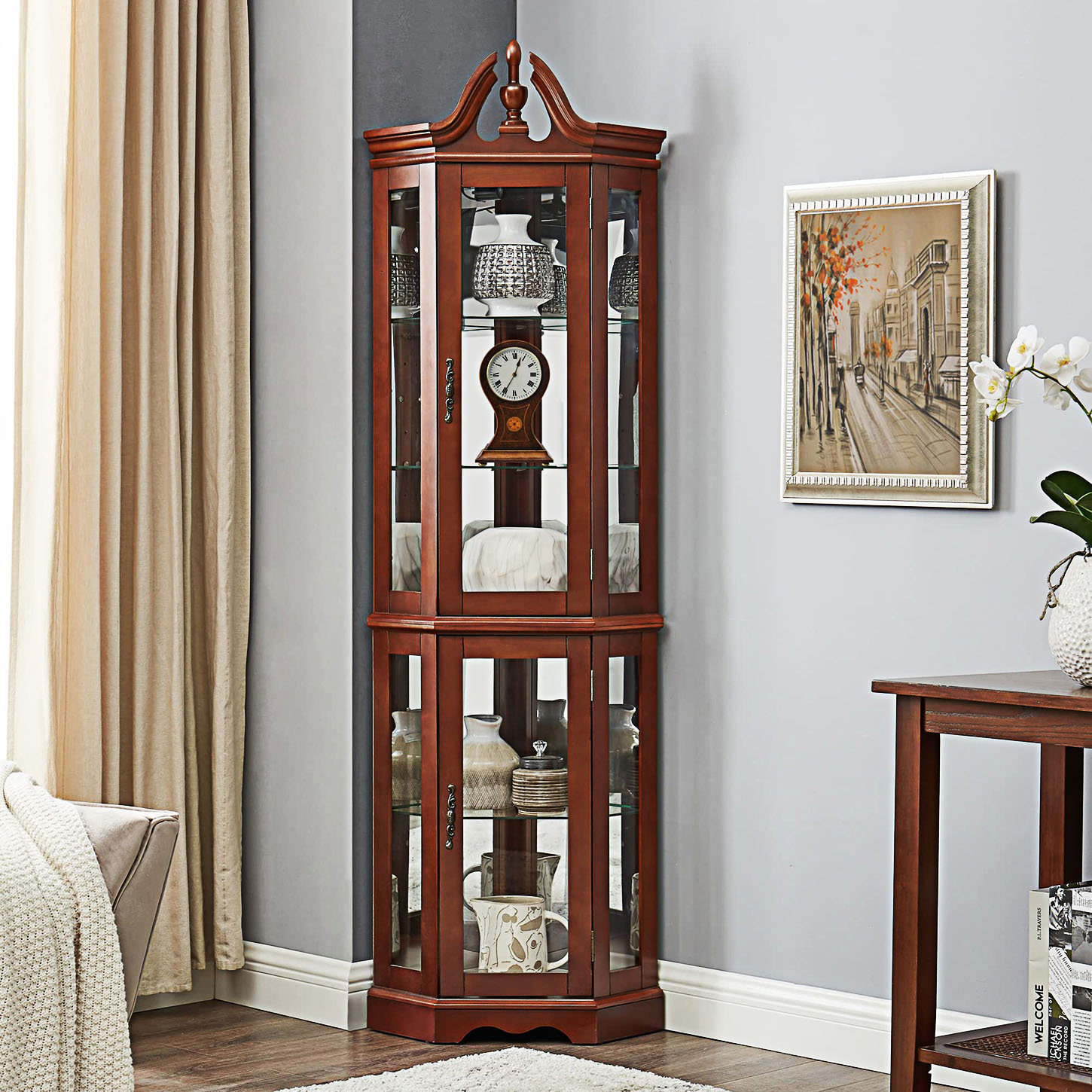 Astoria Grand Corner Curio Cabinet, Display Cabinet(E26 Light Bulb Not ...