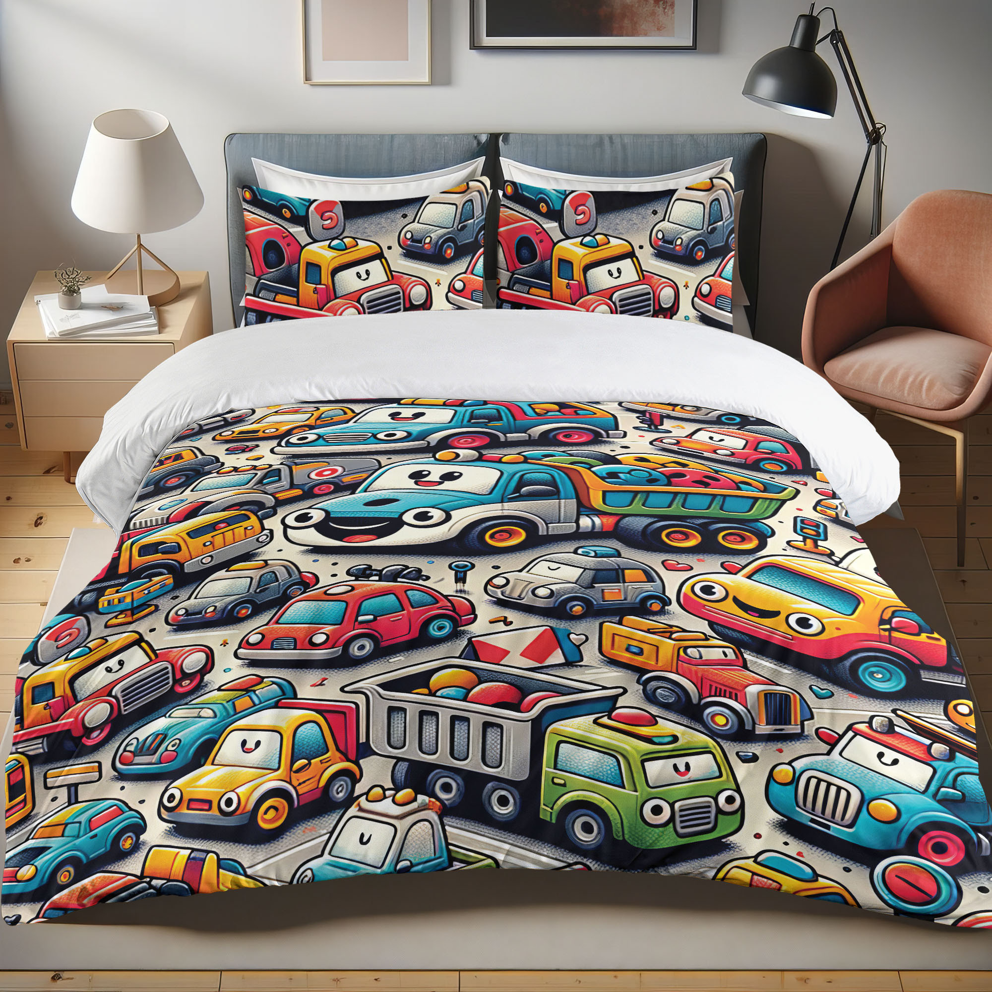 Ambesonne Cars Duvet Cover Set Jumble Truck Car SUV Happy Art ...