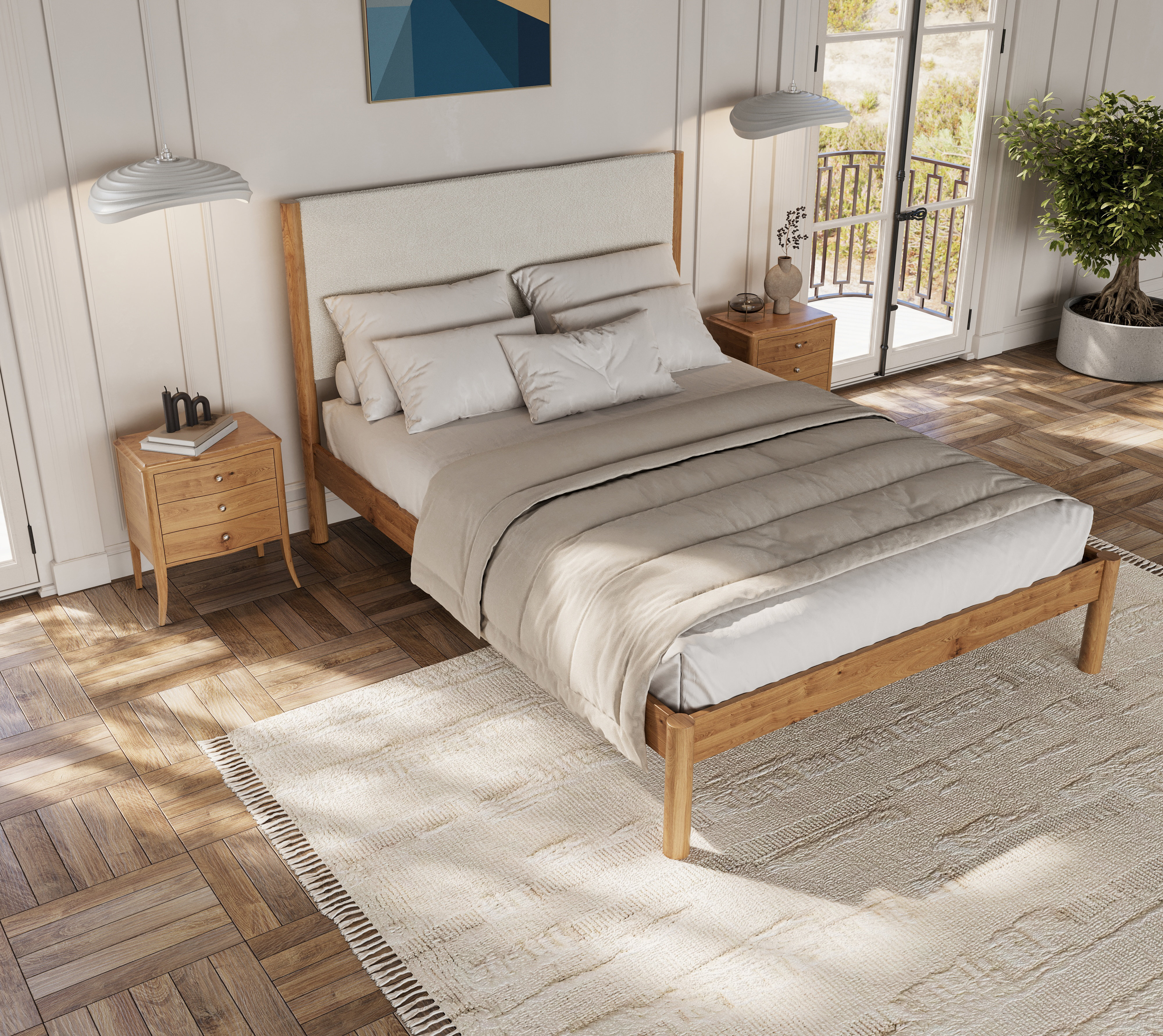 Ebern Designs Ardin Solid Wood Bed Frame With Cream Boucle Upholstered ...