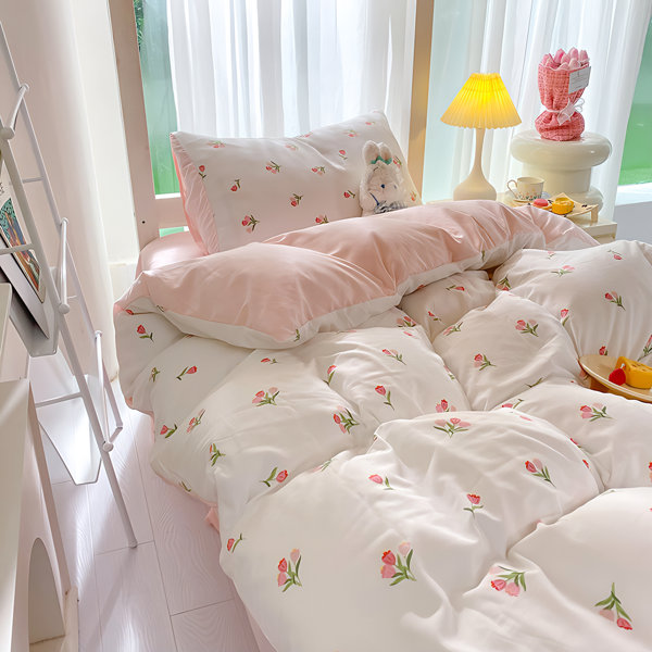 Nayoroom Vintage Style Garden Pink Floral Duvet Cover White Soft Small ...