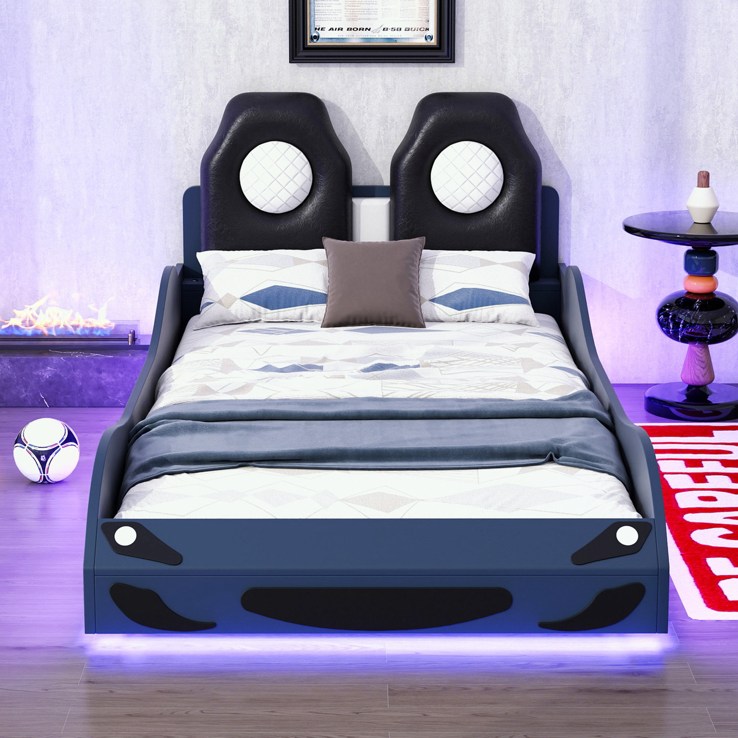 hanada Wood Twin Size Race Car-Shaped Platform Bed with LED light | Wayfair