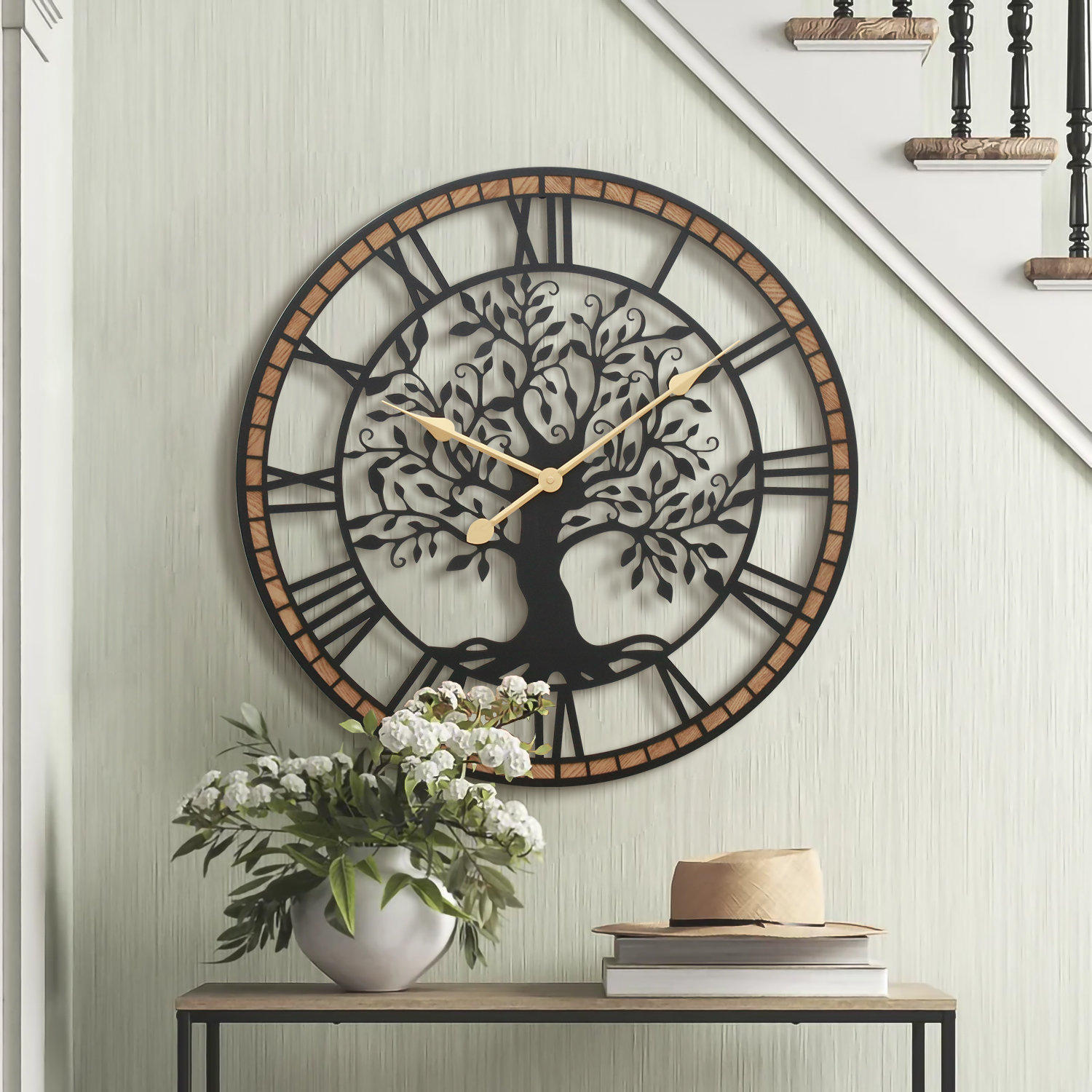 17 Stories Large Tree of Life Wall Clock, 24 inch Metal Black Modern ...