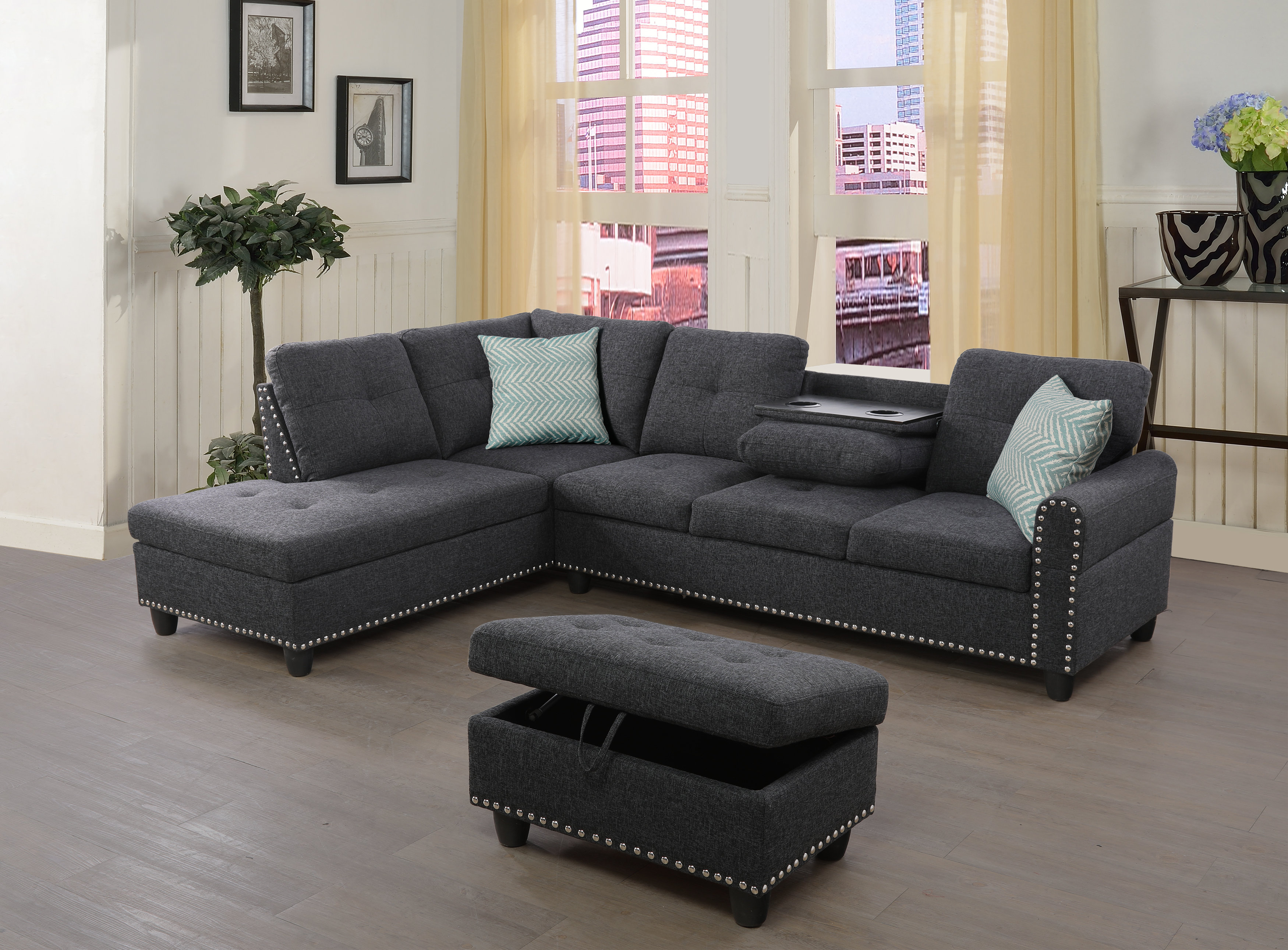 Three Posts™ Alger 98" Wide Left Hand Facing Sofa & Chaise with Ottoman ...