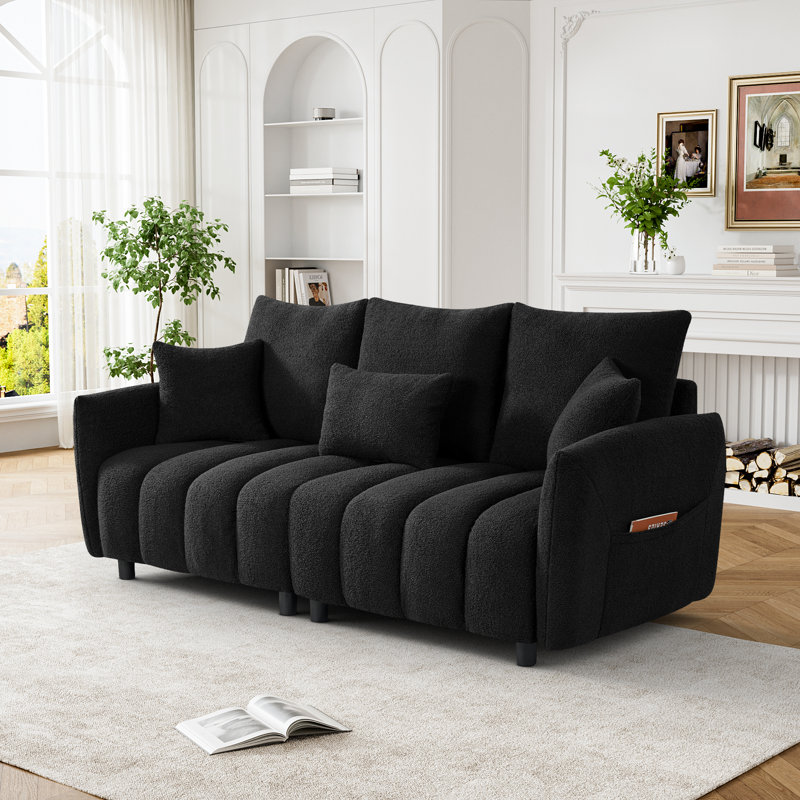 Ebern Designs Truro Teddy Channel Tufted Sofa With Side Storage Pocket ...