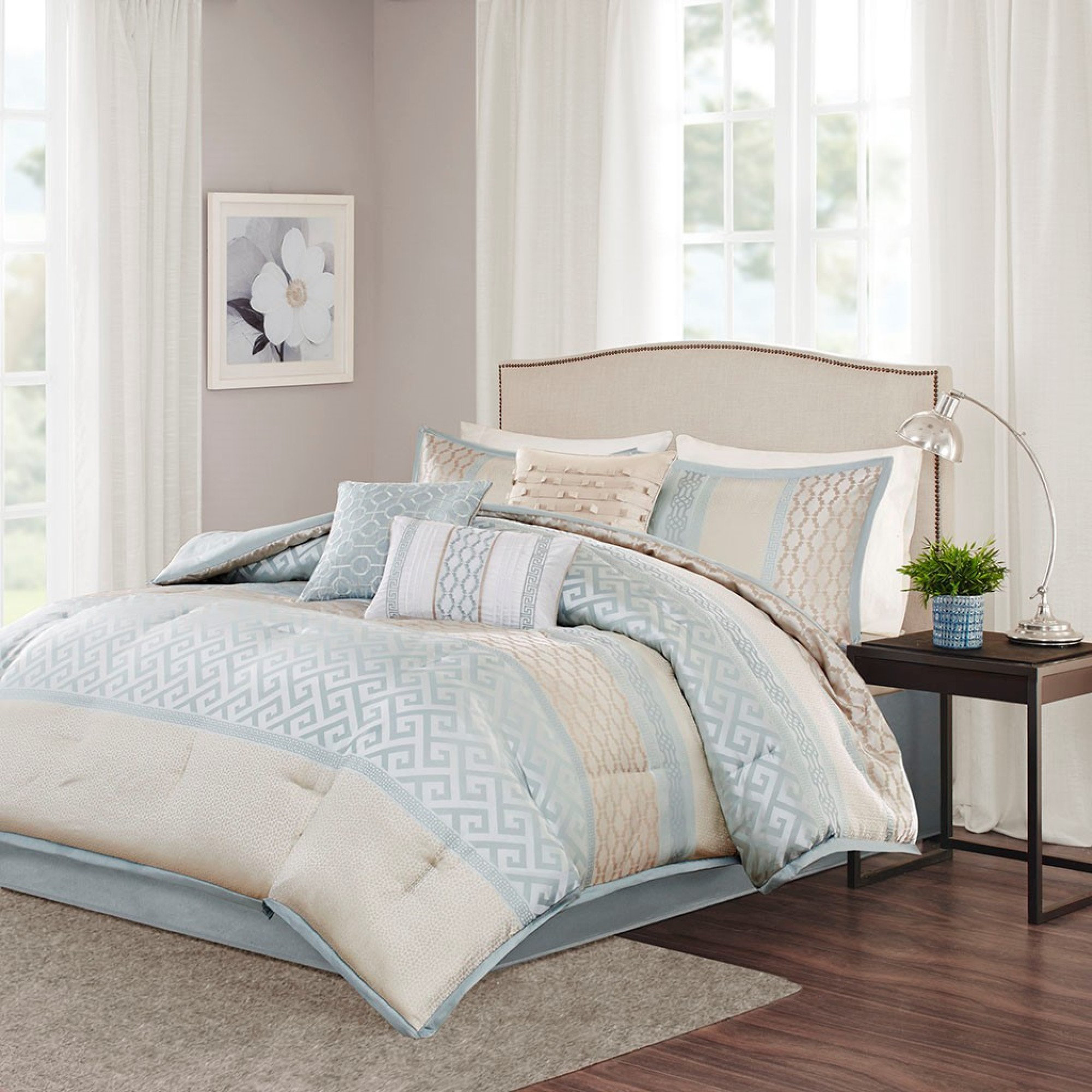 DORROM Luxury Aqua Jacquard Comforter Set - 7 Piece For Cal King | Wayfair