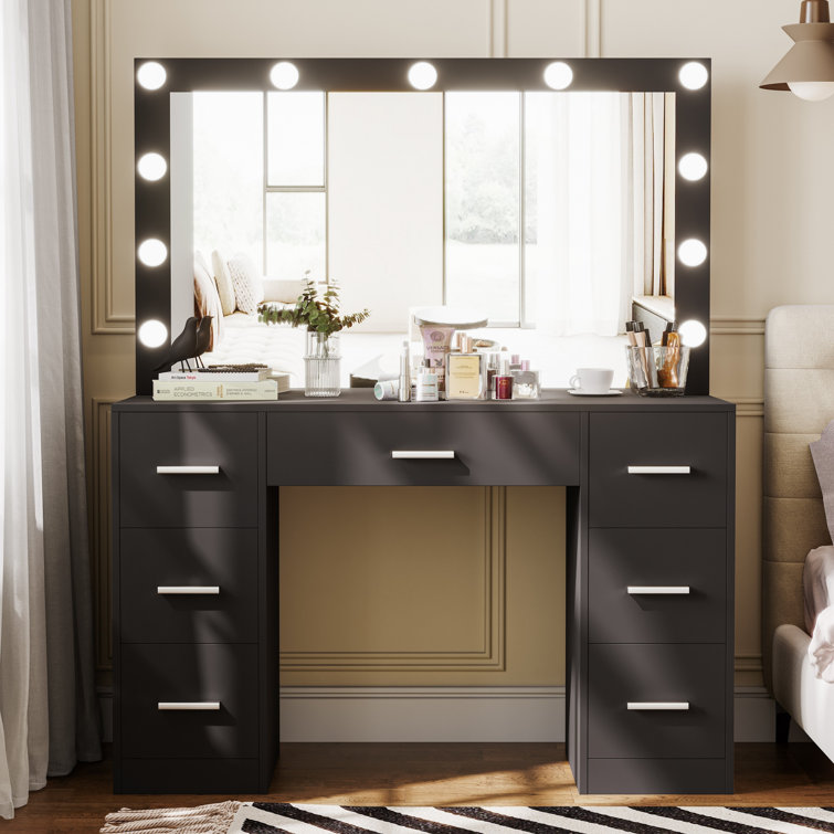 Hokku Designs Makada Vanity Table with Large Lighted Mirror, Makeup ...