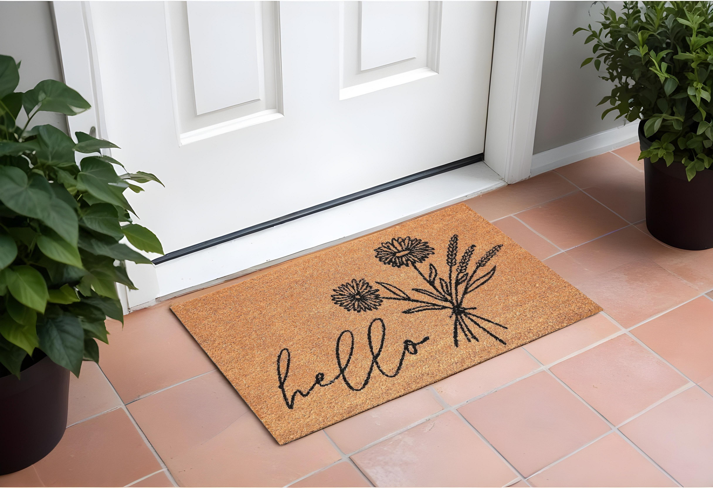 HomeRoots 24" X 36" Natural and Black Coir Floral Hello Outdoor Door ...