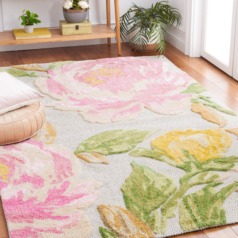 Lark Manor Albertice Handmade Hand Tufted White/Pink/Green/Yellow Rug ...