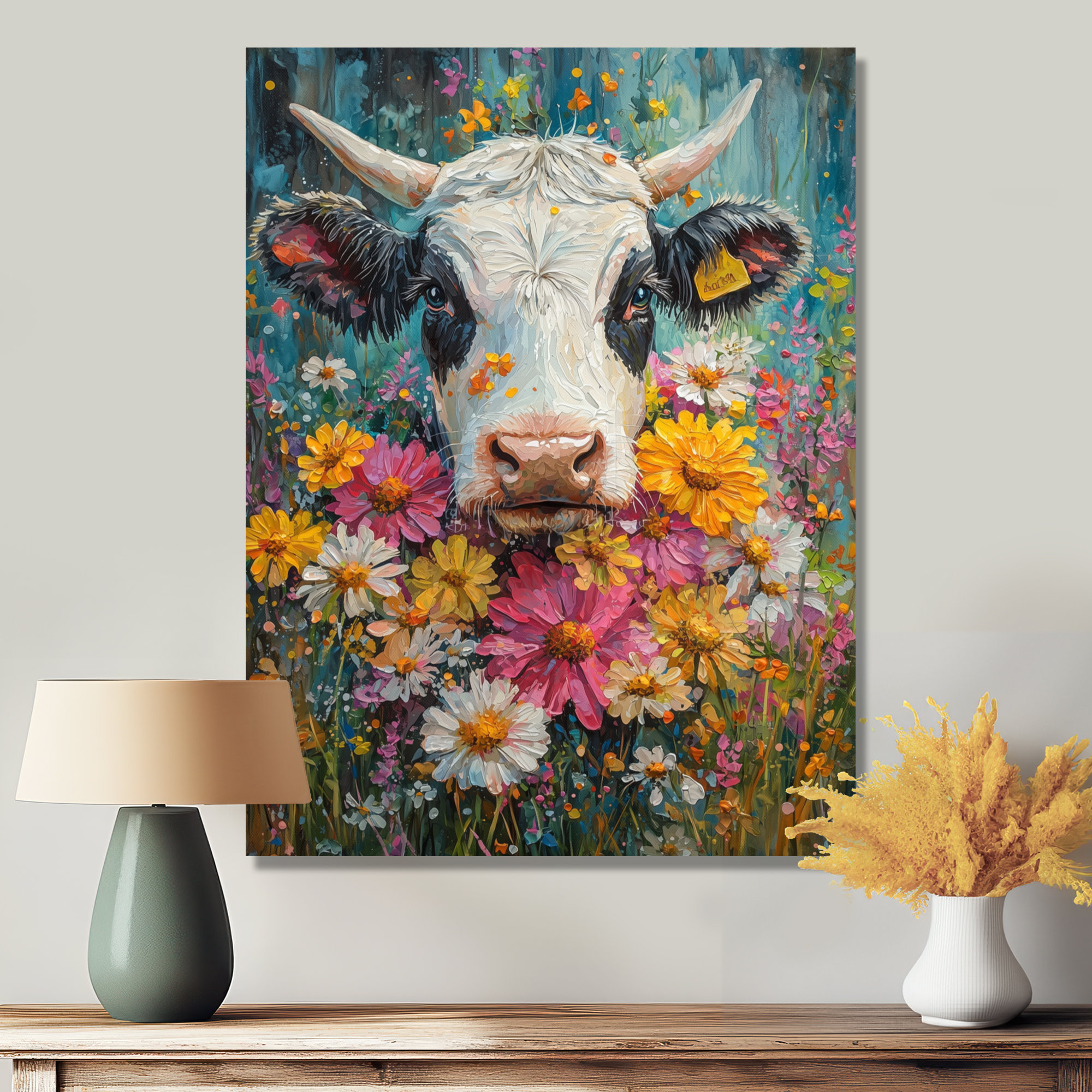 Ivy Bronx Cow Daisies With Hibiscus I - Cow Metal Wall Art For Living ...
