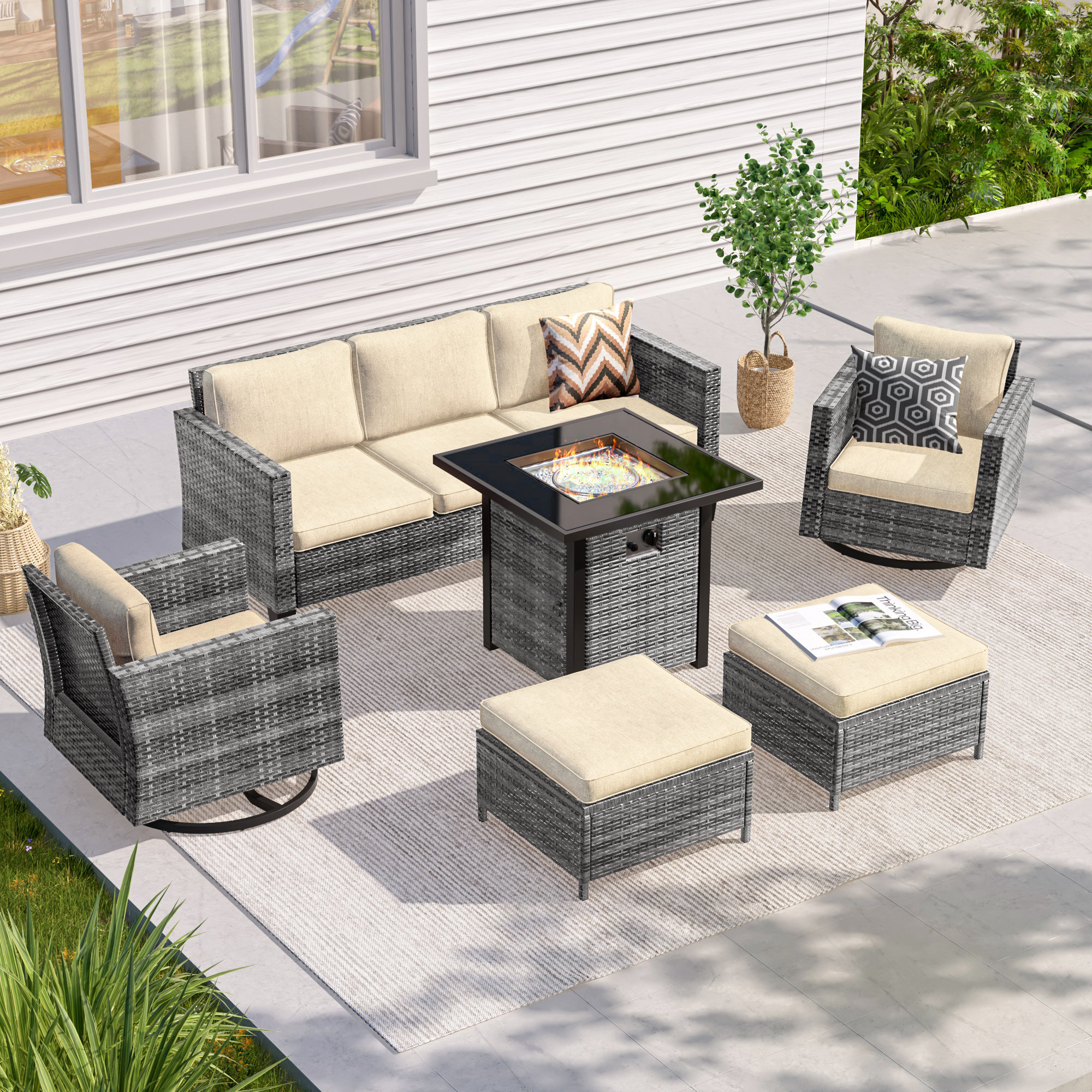 Latitude Run® 6-Pieces Patio Furniture Set with 28'' Fire Pit Table ...