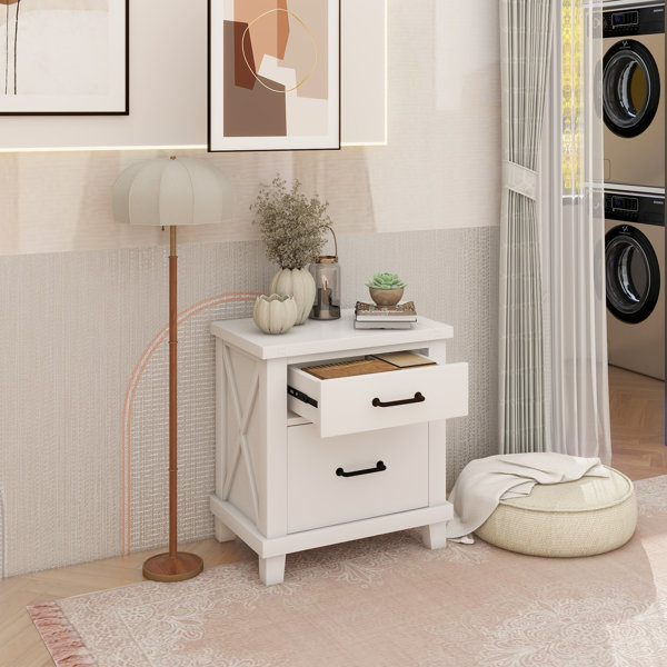 Gracie Oaks Rustic Farmhouse Style Solid Pine Wood White Two-Drawer ...