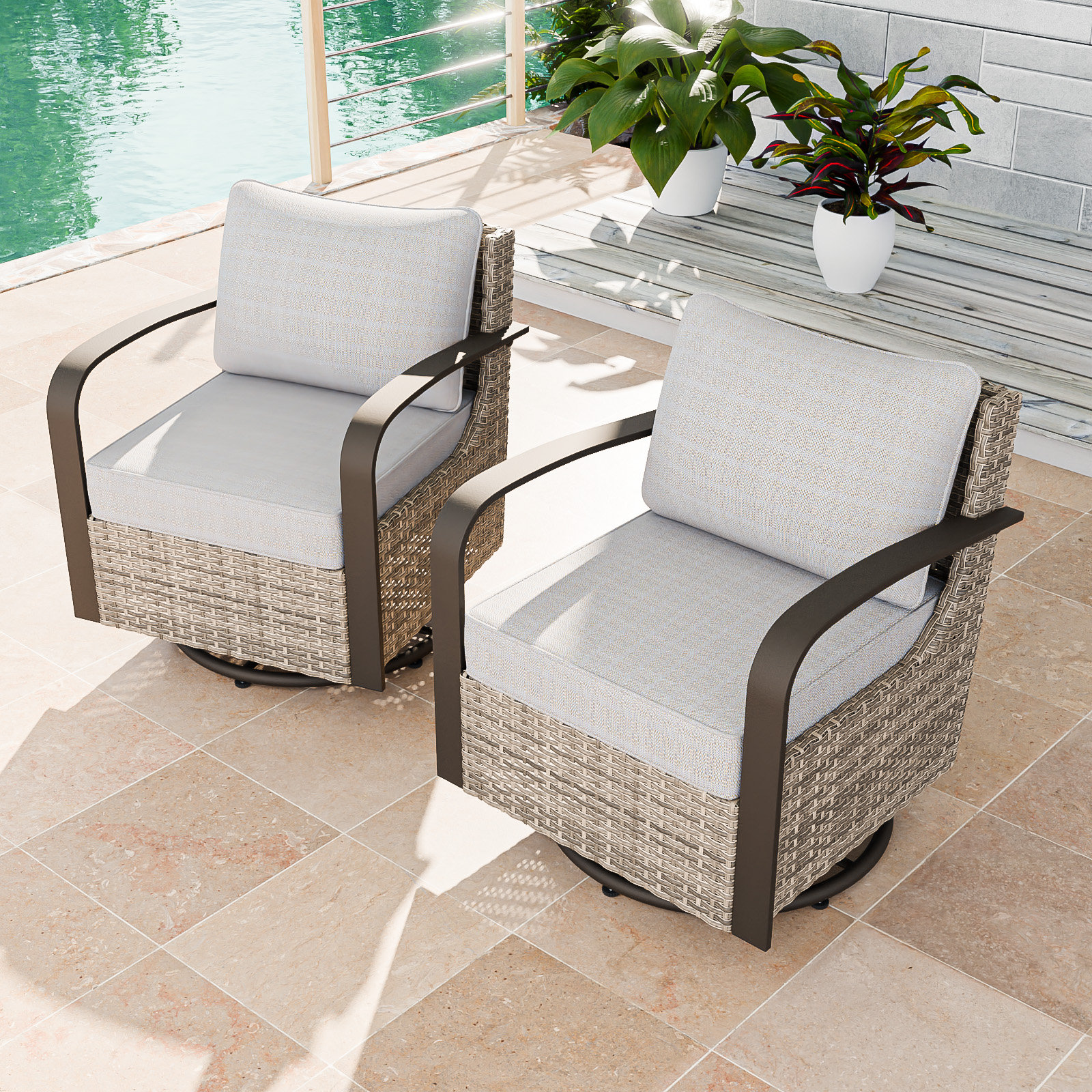 Red Barrel Studio® Outdoor Wicker Swivel Glide Chair with Cushions ...