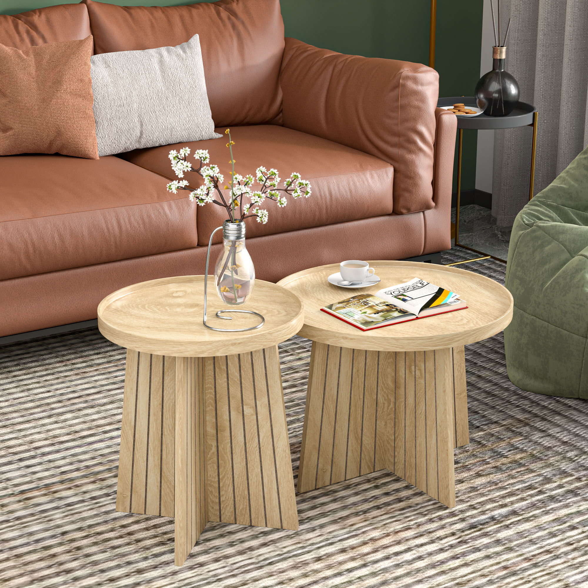 Gracie Oaks Round Fluted Nesting Coffee Table, 2 Piece Coffee Table Set ...