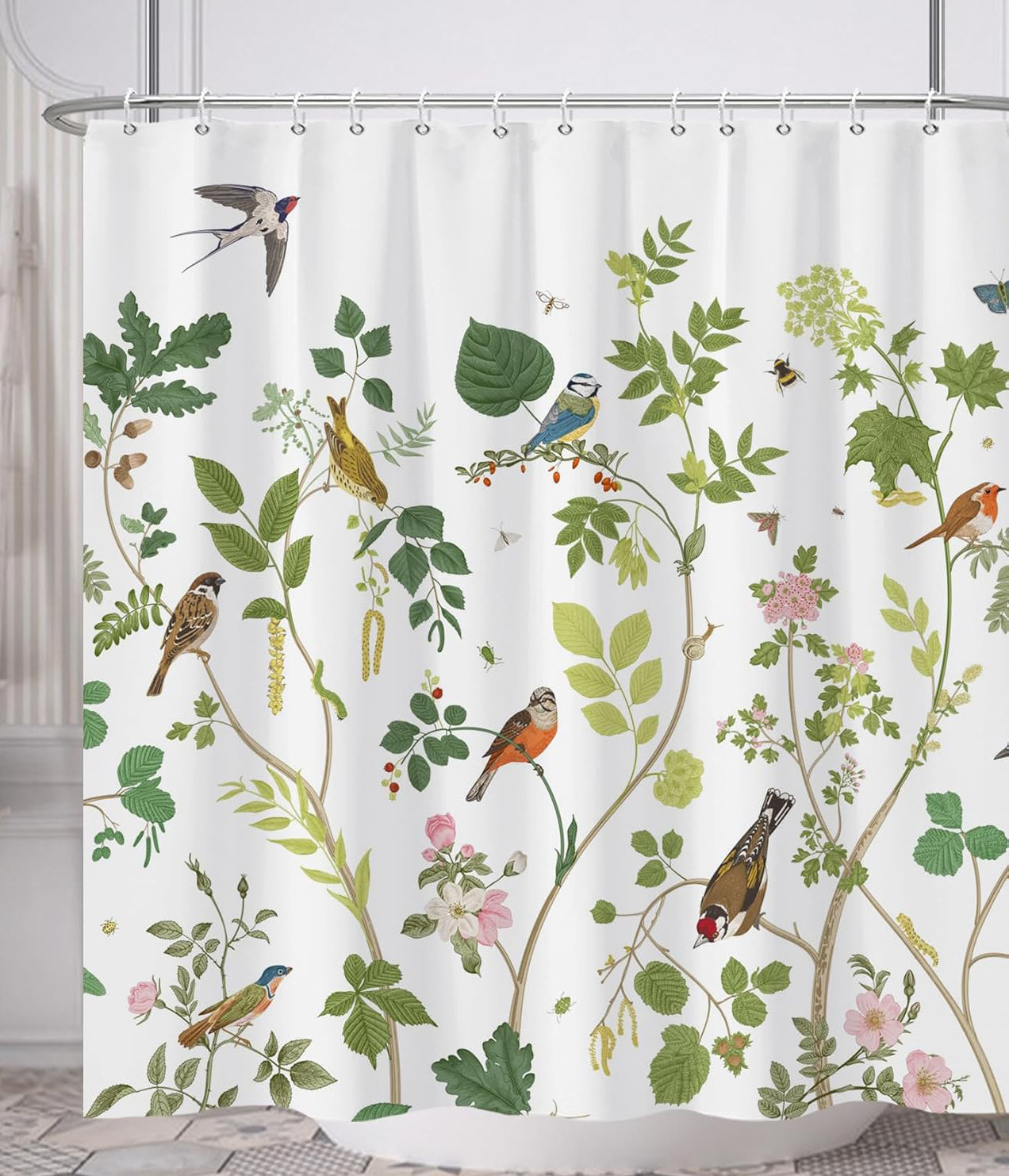MODVAT 72in White Shower Curtain Set Birds with Green Plants Shower ...