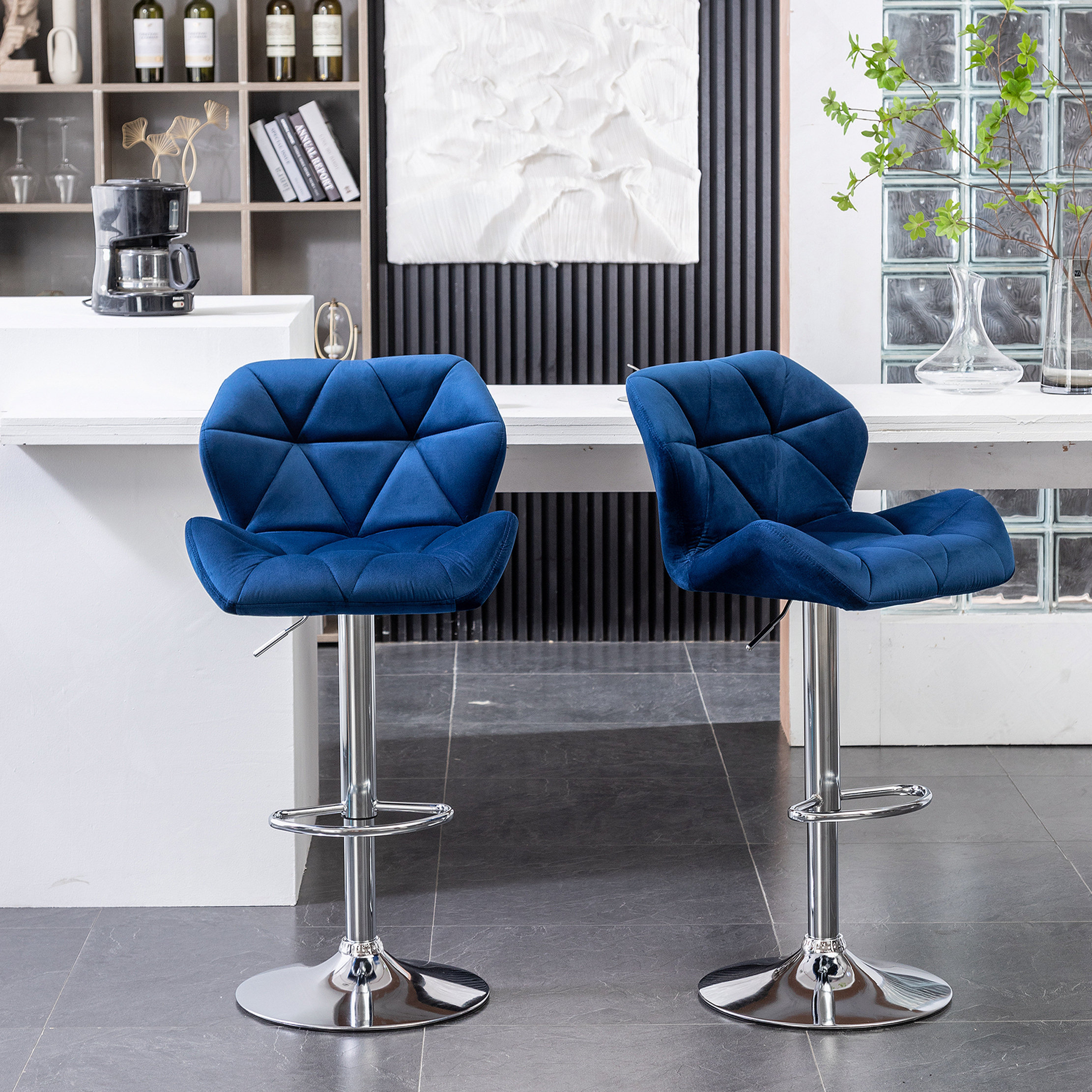 Everly Quinn Breni Velvet Diamond Tufted Swivel Adjustable Height Barstool, Set of 2, Blue | Wayfair