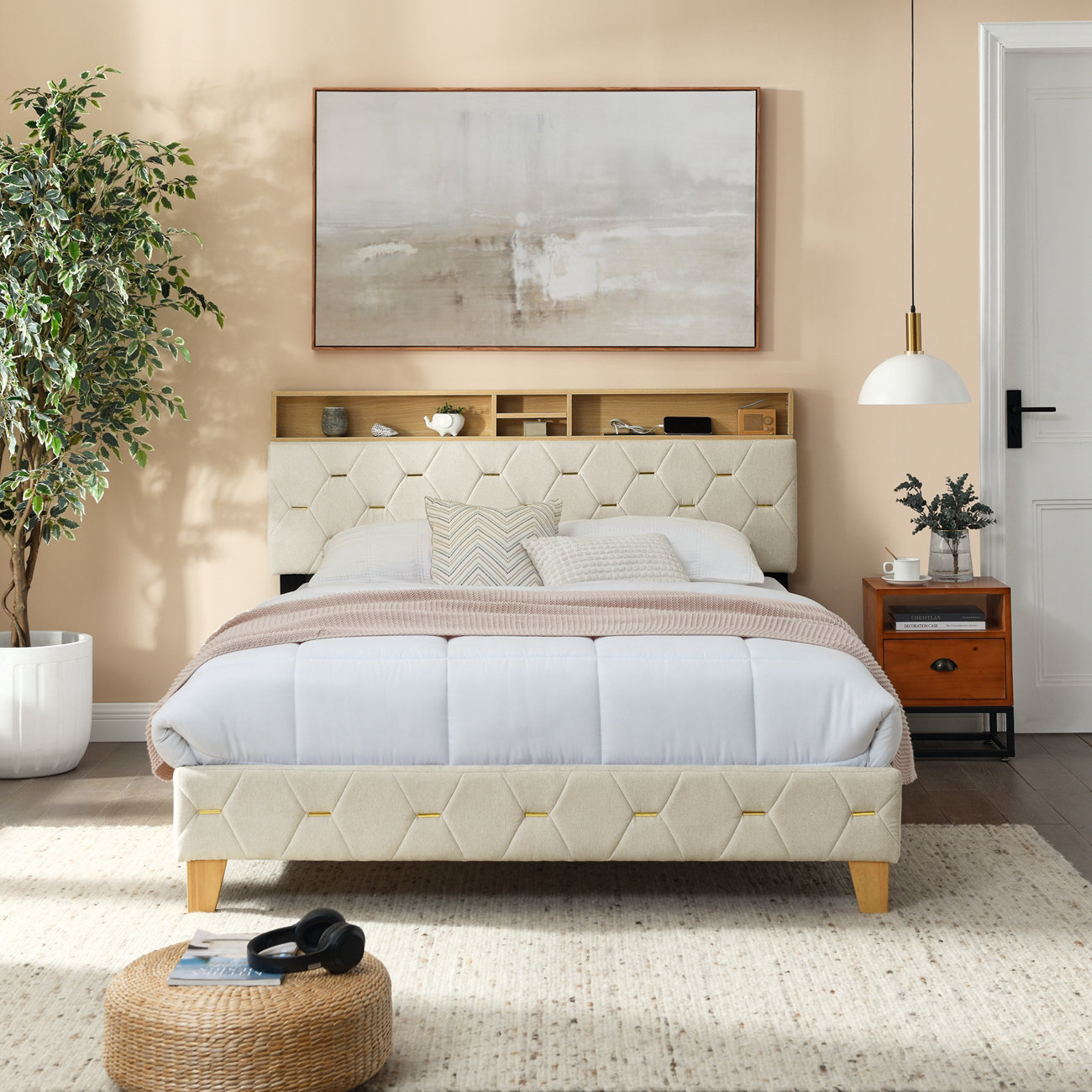 Mercer41 Raimy Upholstered Platform Bed with Bookcase Headboard and ...