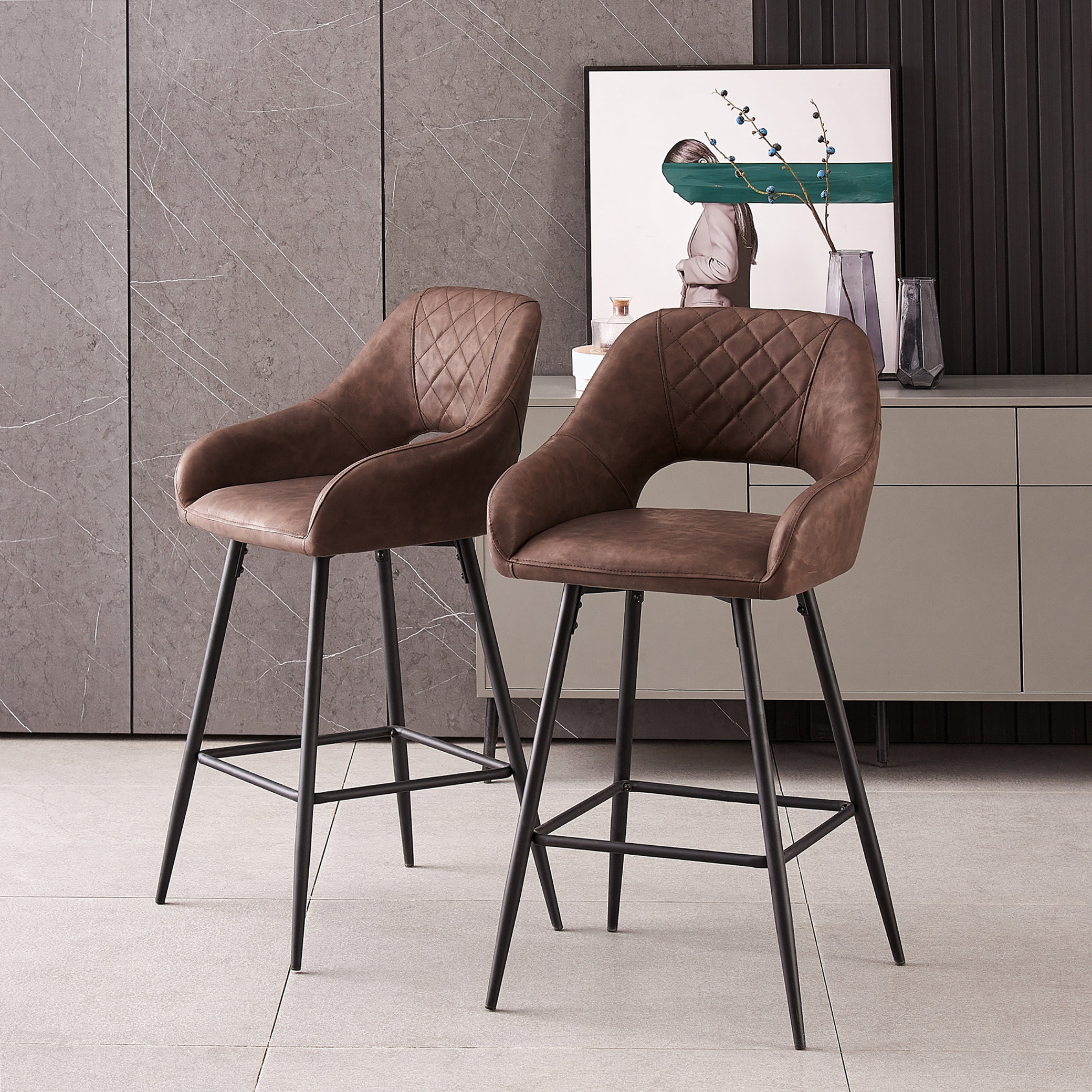 Corrigan Studio® Bar Stools Set Of 2 Leather Brown Breakfast Dining Bar ...