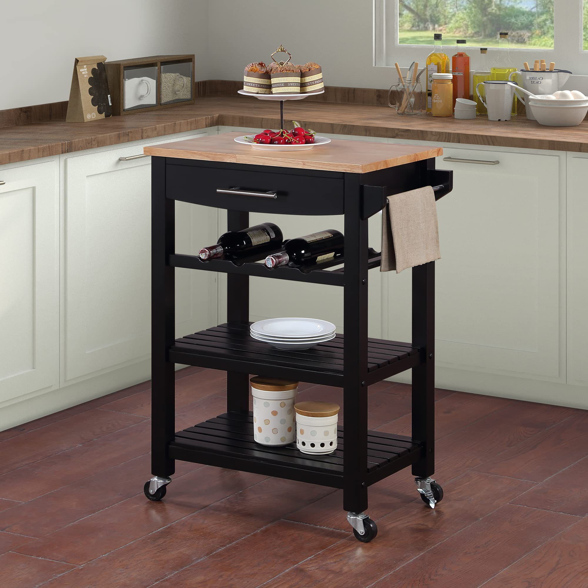 Lark Manor™ 4 Tier Kitchen Butcher Block Cart With Drawer And Wine Rack ...